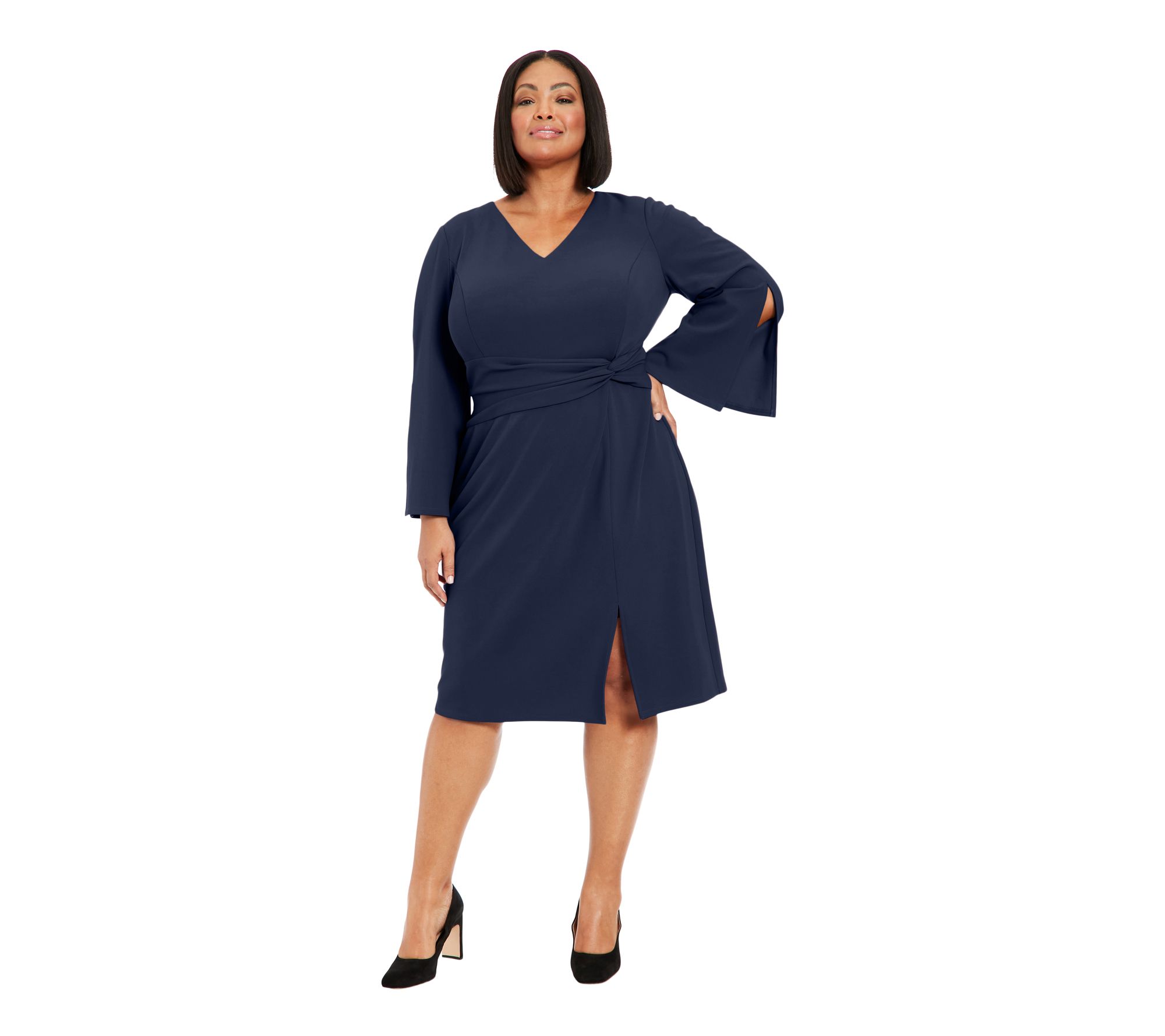 London Times Waist Knot Detail Dress with FlareSleeves - QVC.com