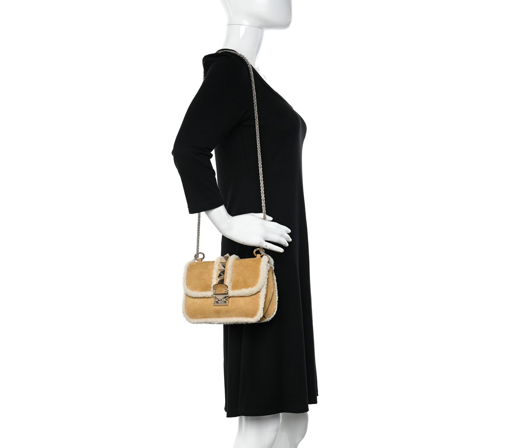Pre-Owned Valentino Shearling Glam Lock Rockstud Flap Beige - QVC.com