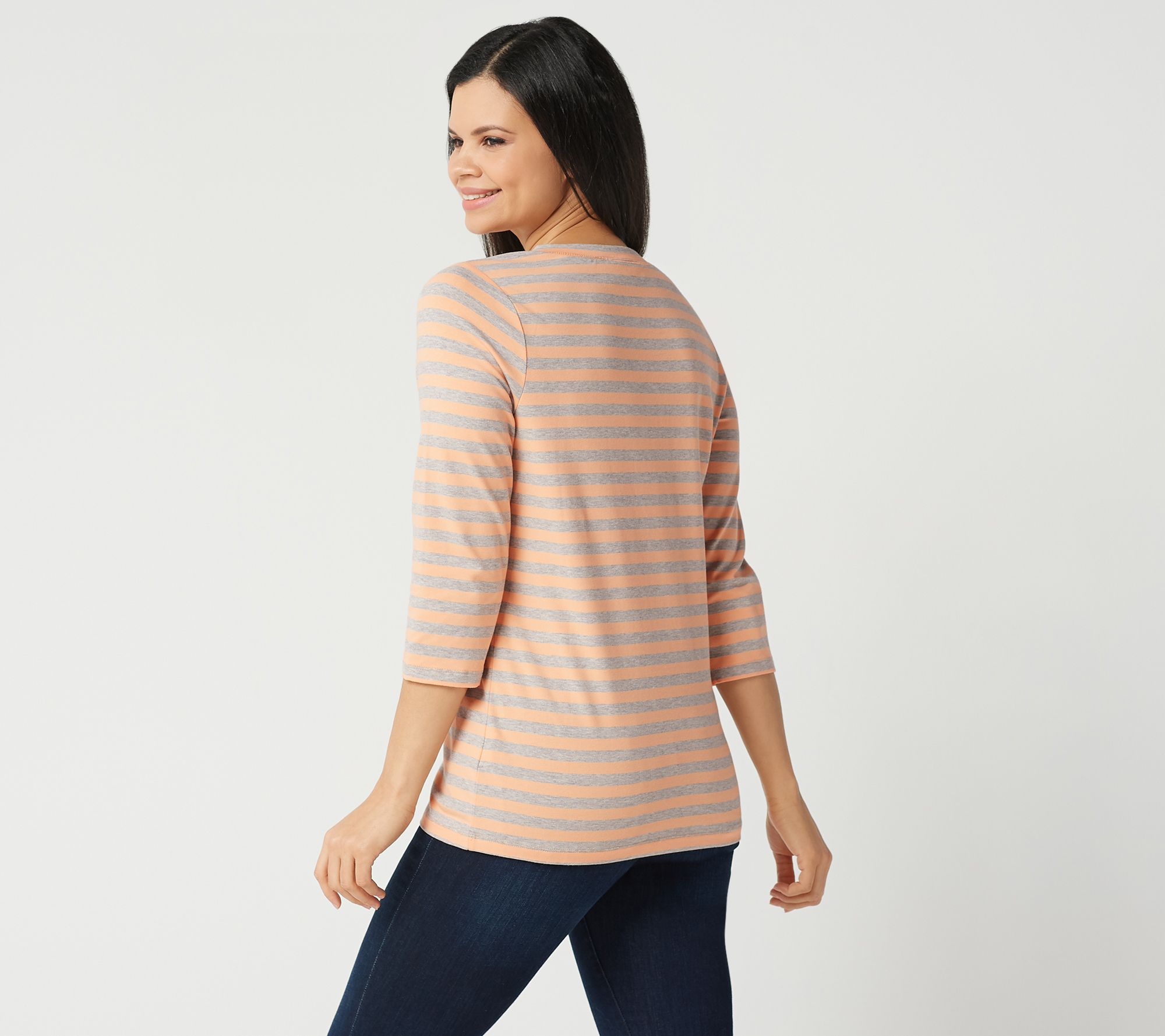 Denim & Co. 3/4 Sleeve Striped Knit Top - QVC.com