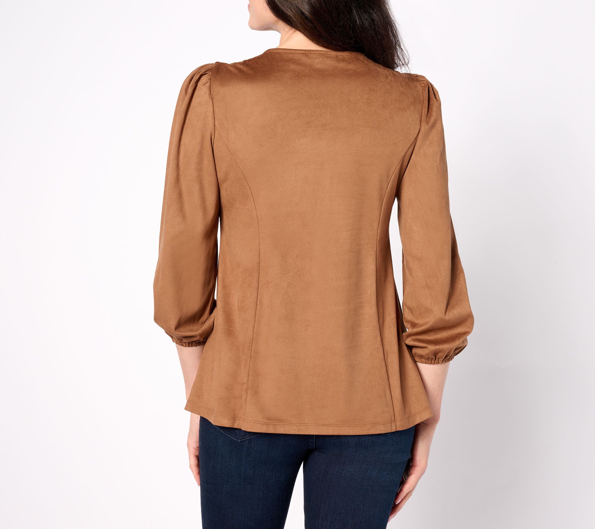 Susan Graver Faux Suede V-Neck Fit-and-Flare 3/4-Sleeve Top - QVC.com