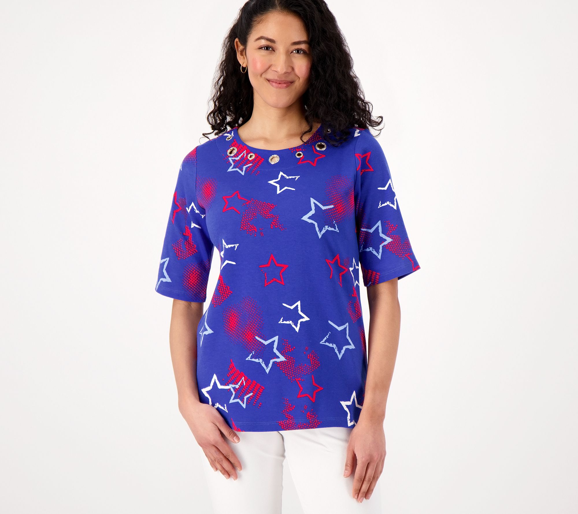 "As Is" Quacker Factory Star Spangled Elbow Sleeve Grommet Top - QVC.com