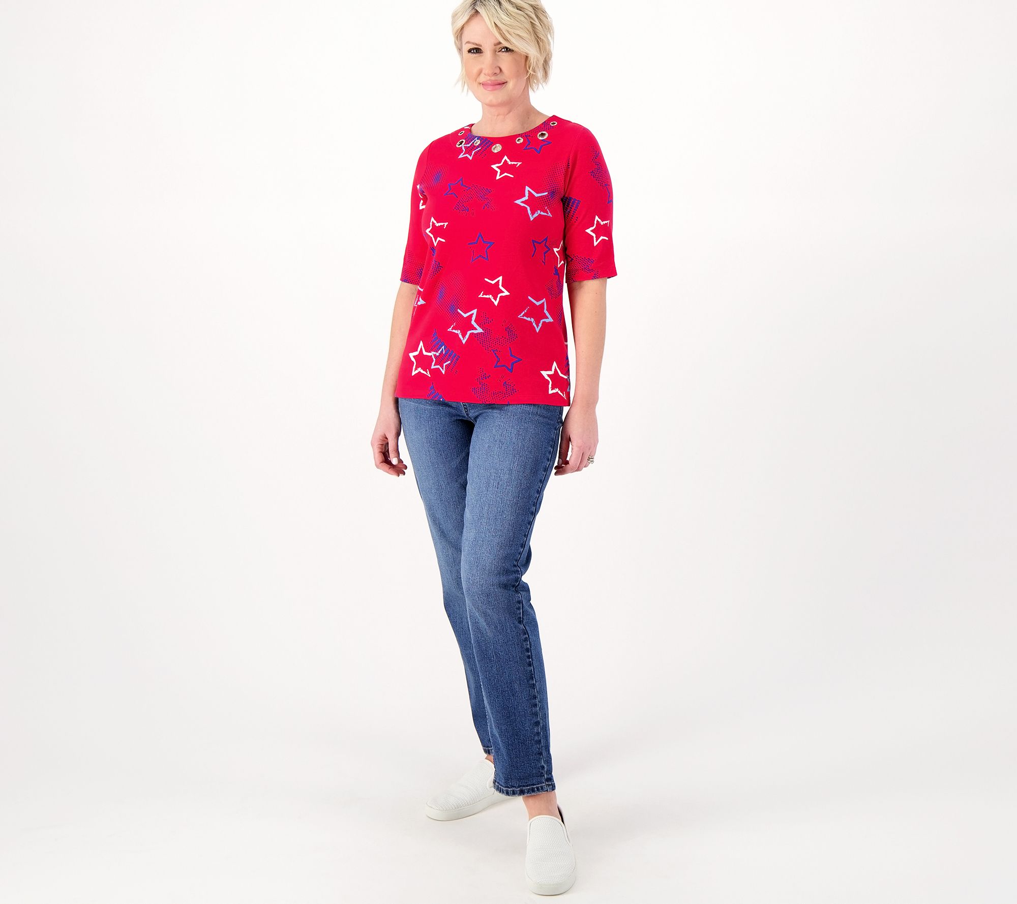 "As Is" Quacker Factory Star Spangled Elbow Sleeve Grommet Top - QVC.com