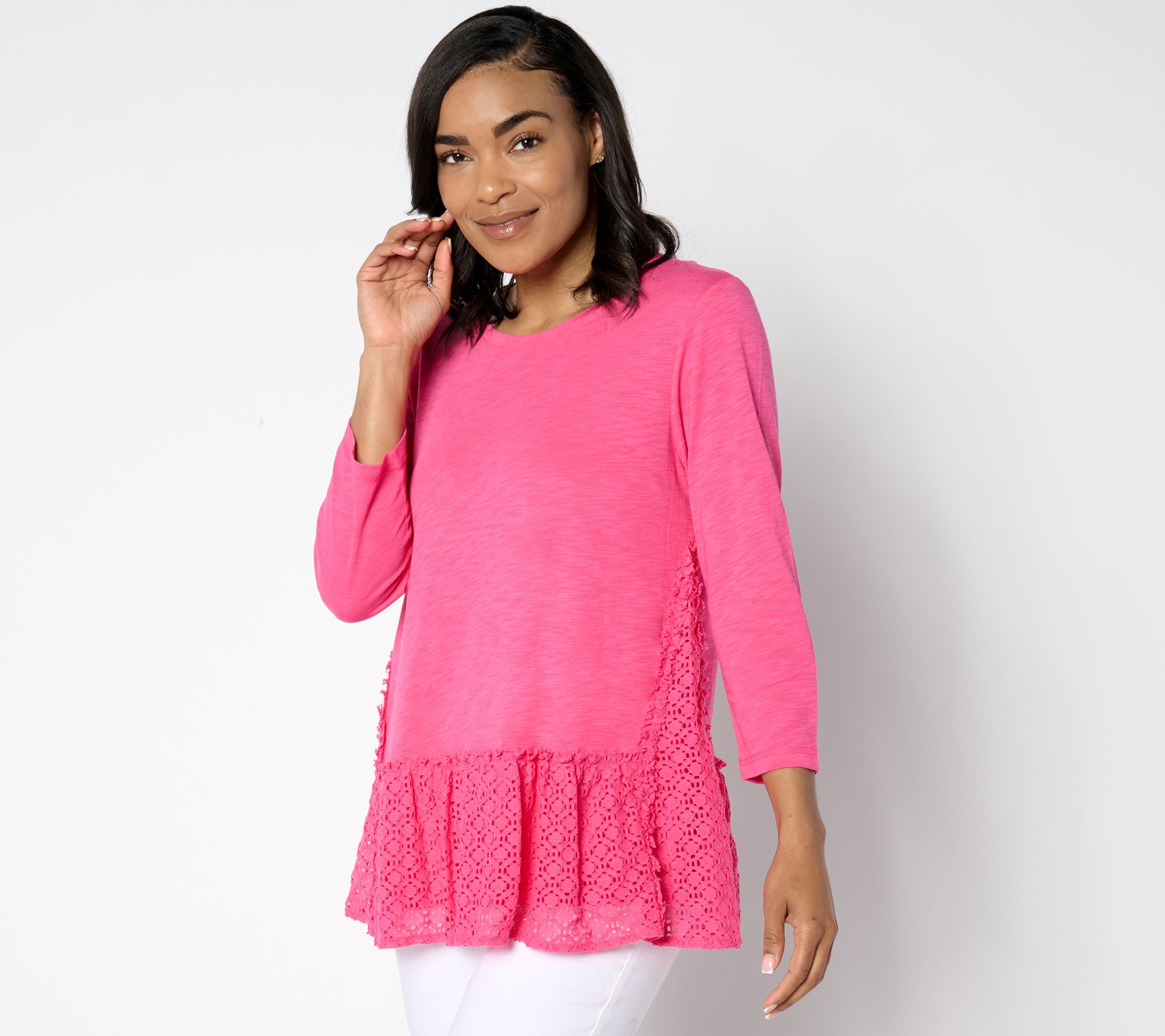 Logo By Lori Goldstein Cotton Slub Jersey With Ruffle Lace Top