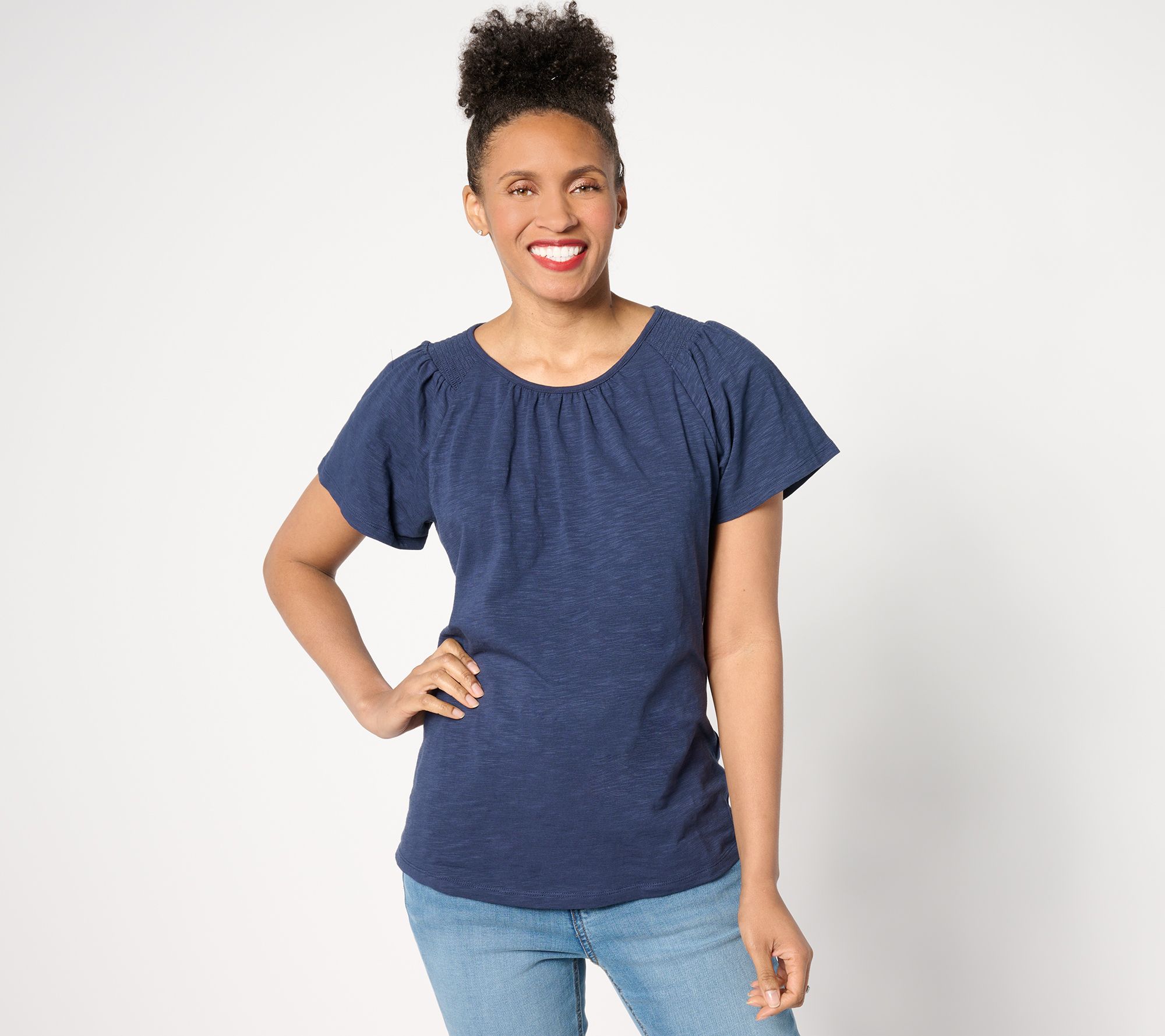 "As Is" Denim & Co. Adaptive Knit Round Neck Flutter Sleeve Top - QVC.com