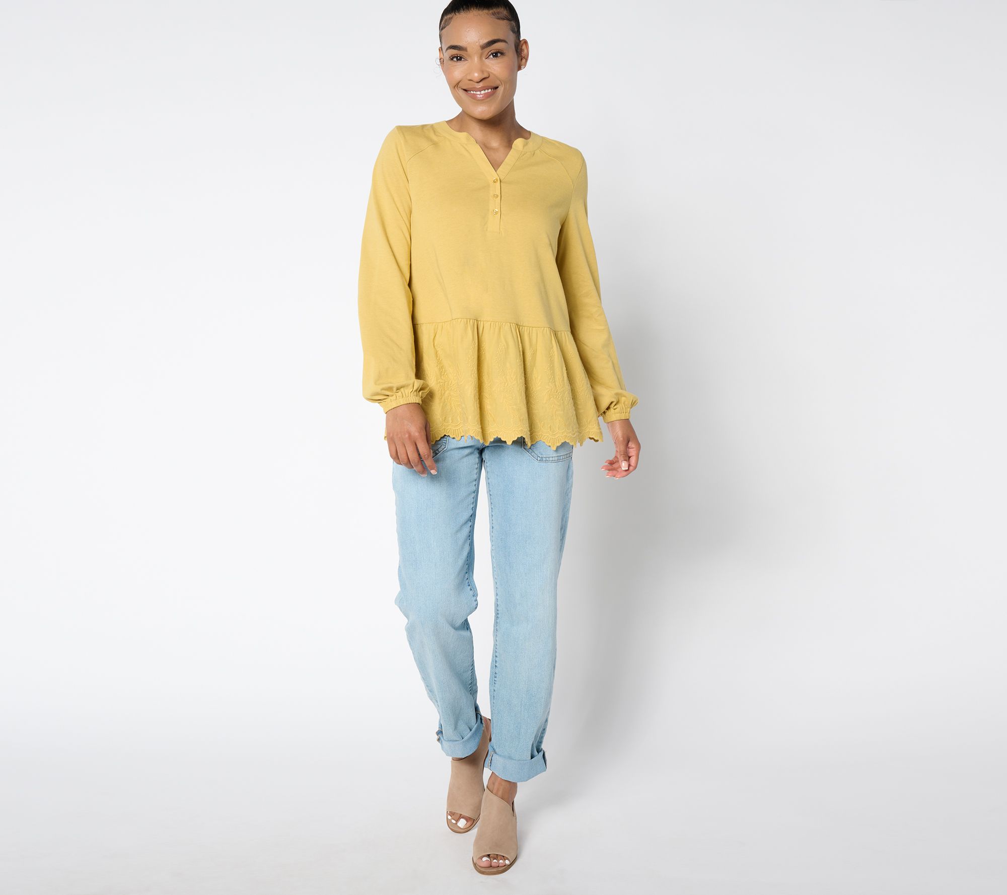 "As Is" LOGO Lavish by Lori Goldstein Split Crew Neck Eyelet Blouse ...