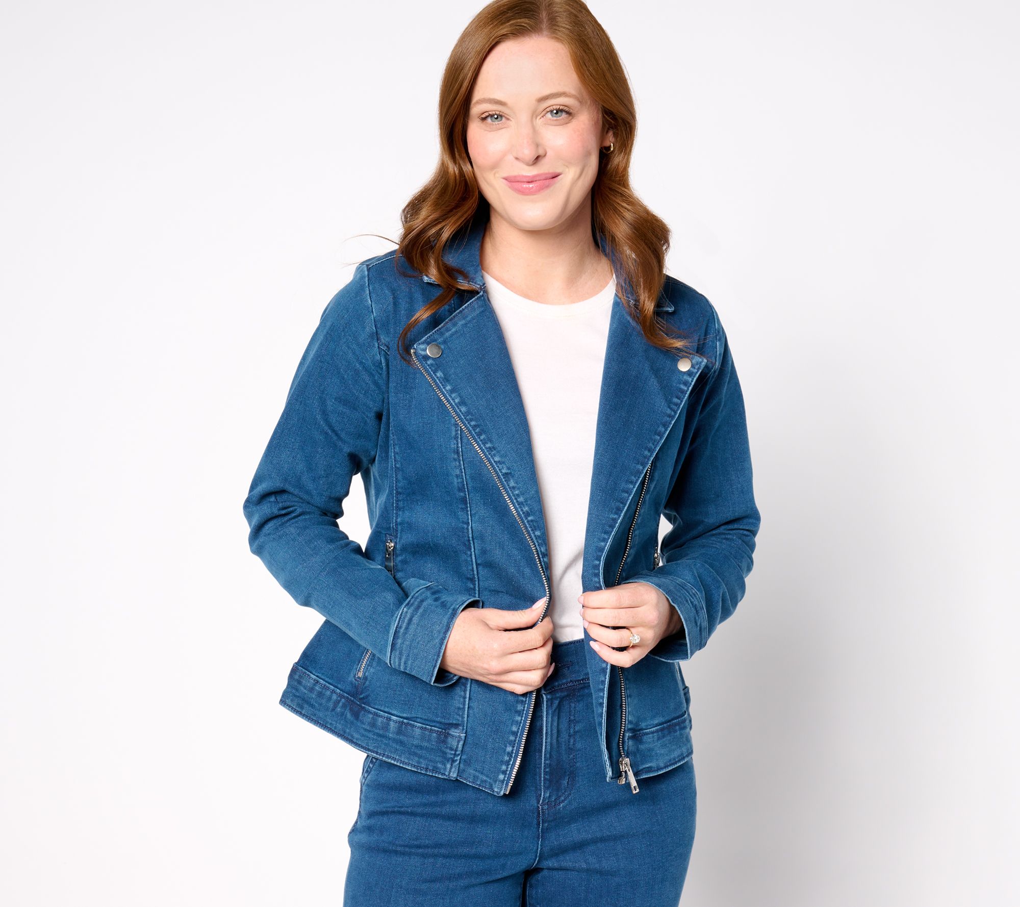 "As Is" Denim & Co. Signature Perfect Flex Indigo Moto Jacket - QVC.com