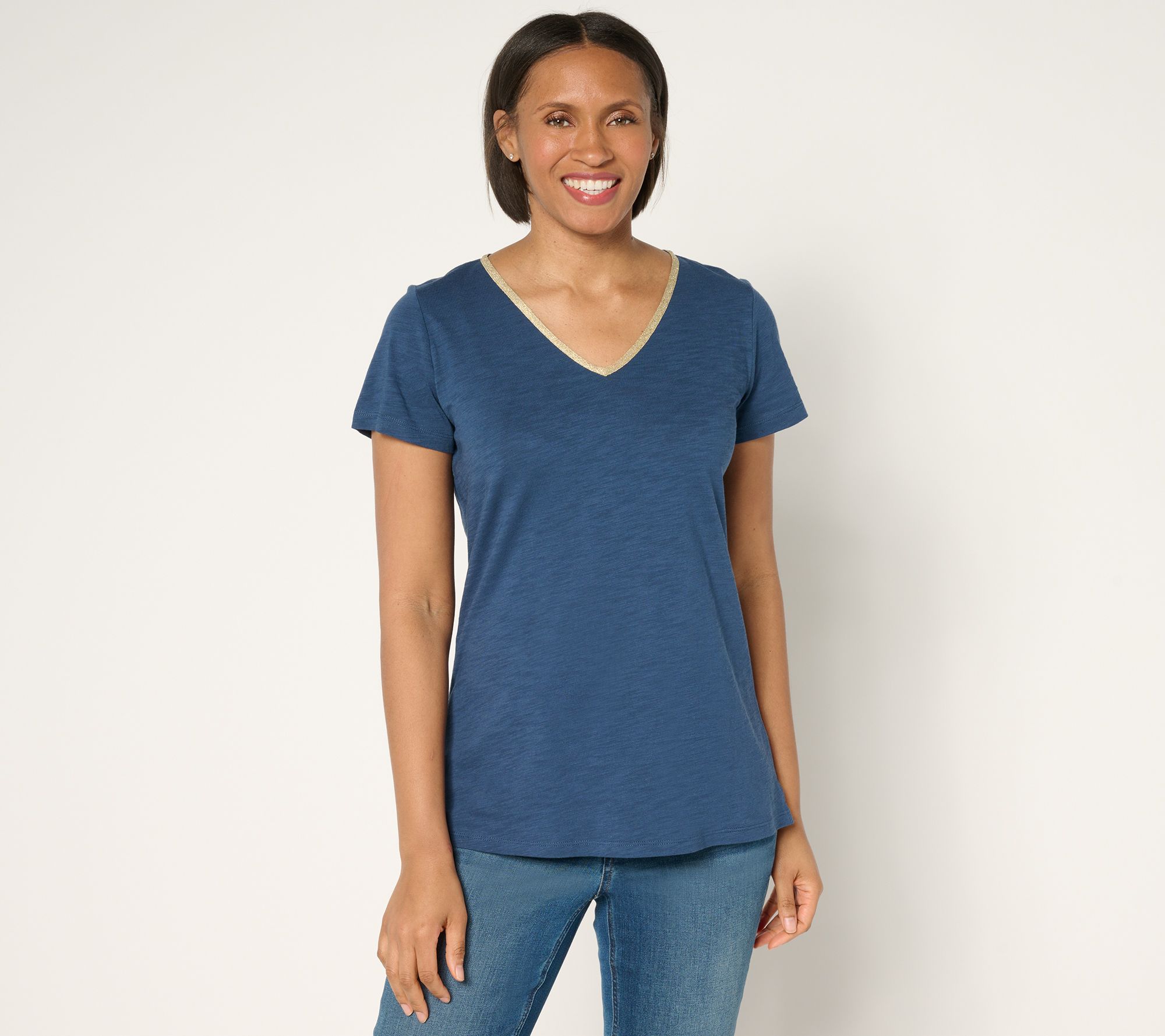 "As Is" Belle by Kim Gravel Slub Knit Gold Color Trim V-Neck Top - QVC.com