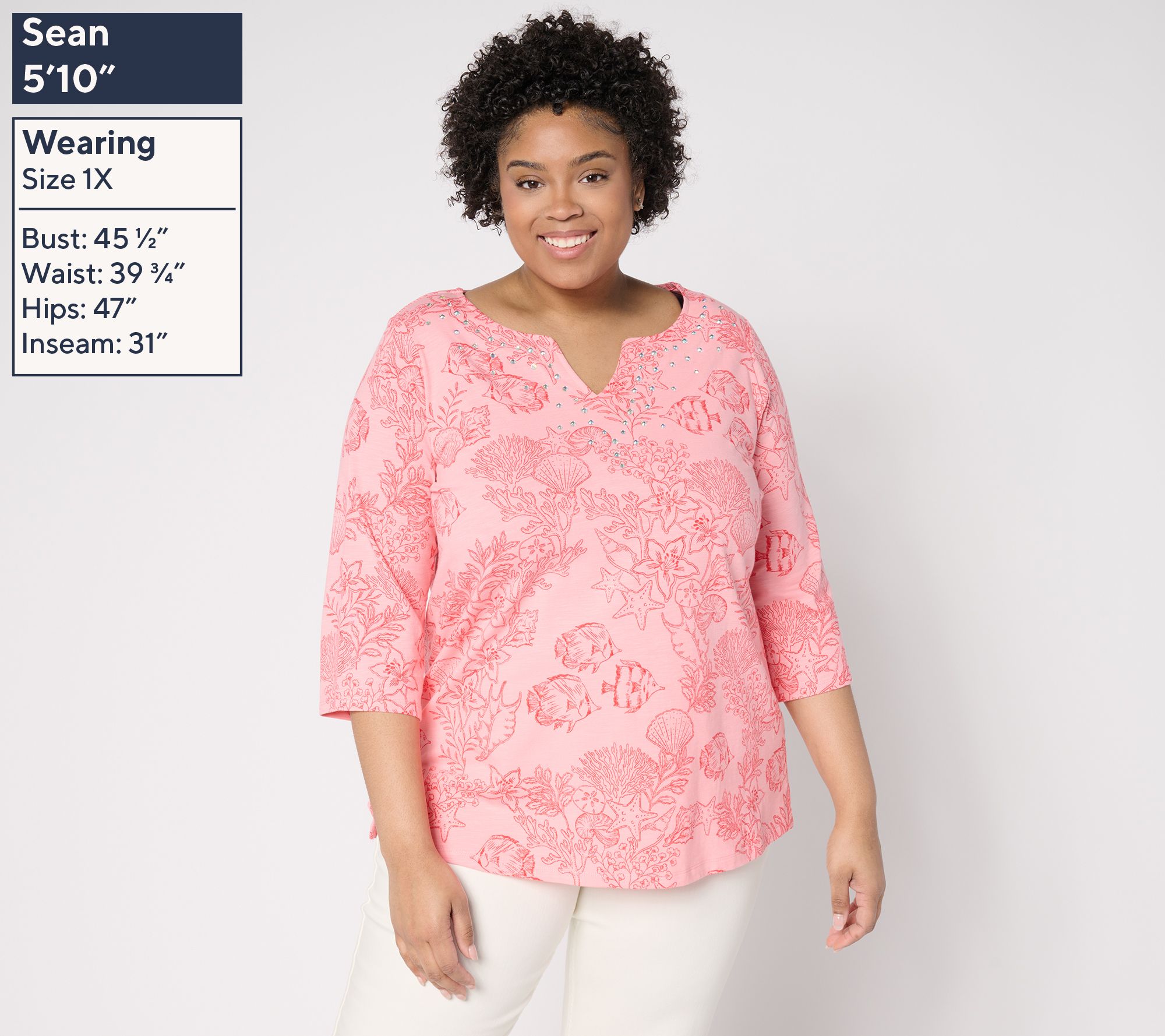 "As Is" Quacker Factory Let's Get Tropical Embellished 3/4 Sleeve Top ...