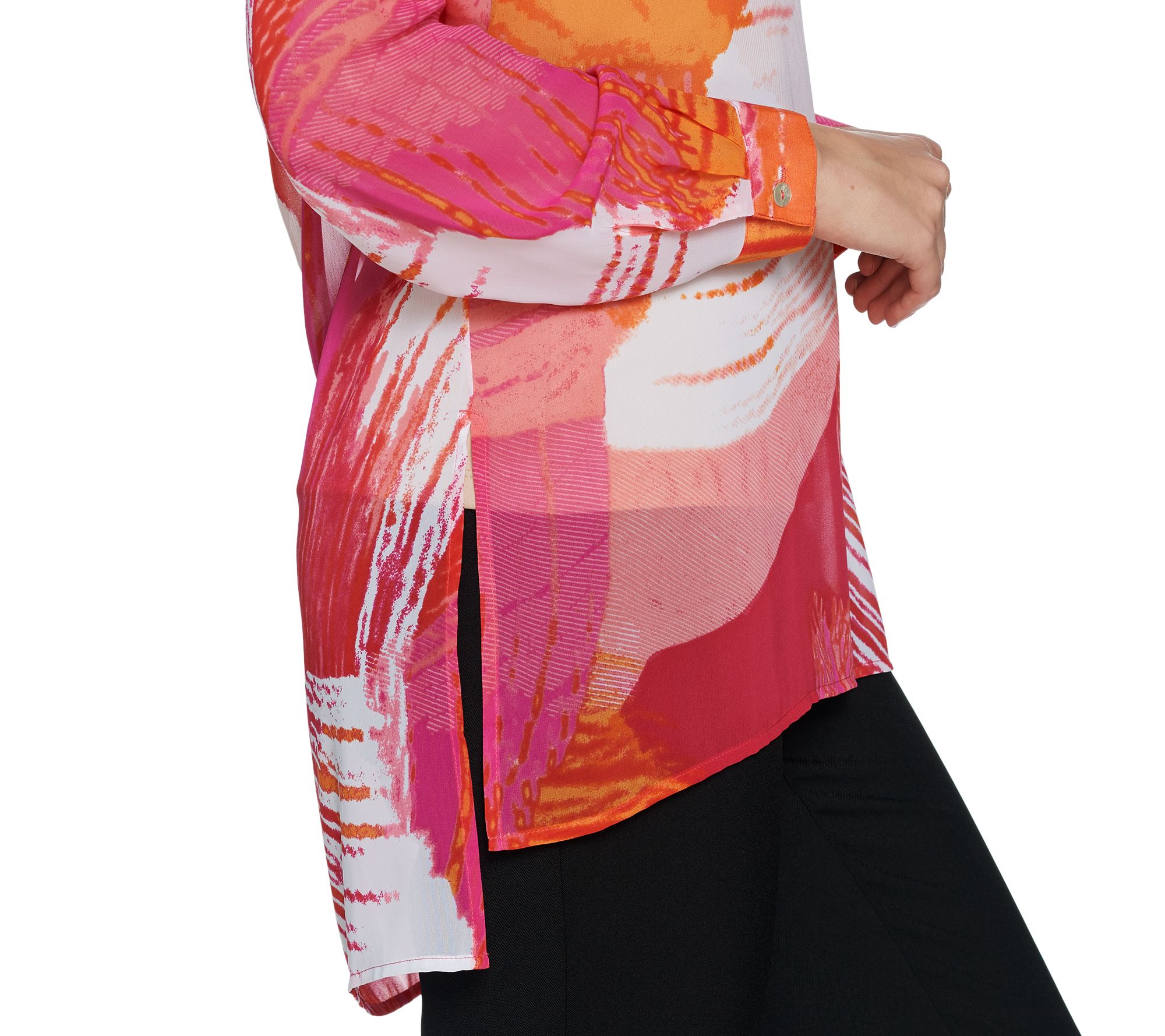 Susan Graver Printed Sheer Chiffon Shirt With Hi Low Hem