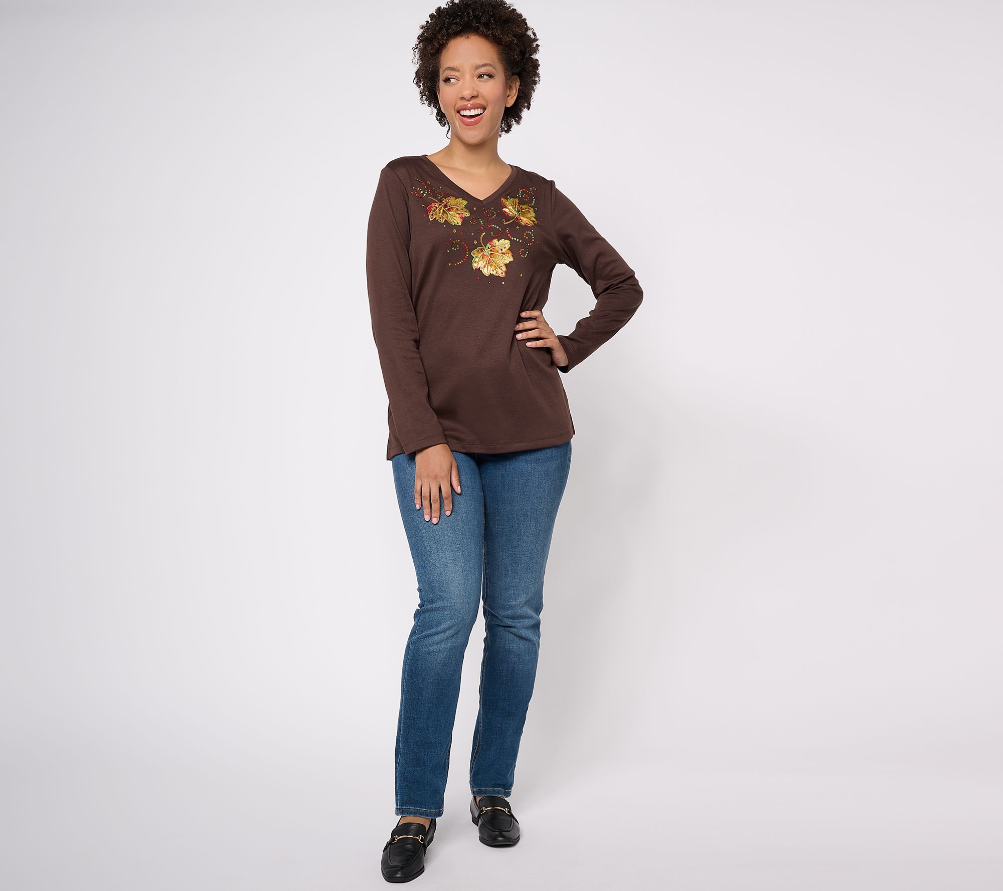 "As Is" Quacker Factory Fall Bling Thing Long Sleeve Top - QVC.com