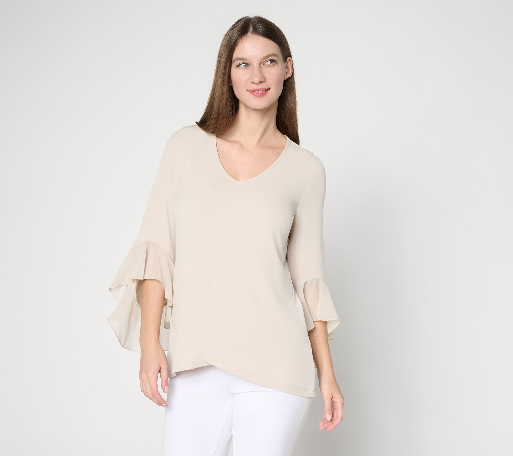 Susan Graver Petite Liquid Knit Tunic w/ Woven Ruffle Sleeves - QVC.com