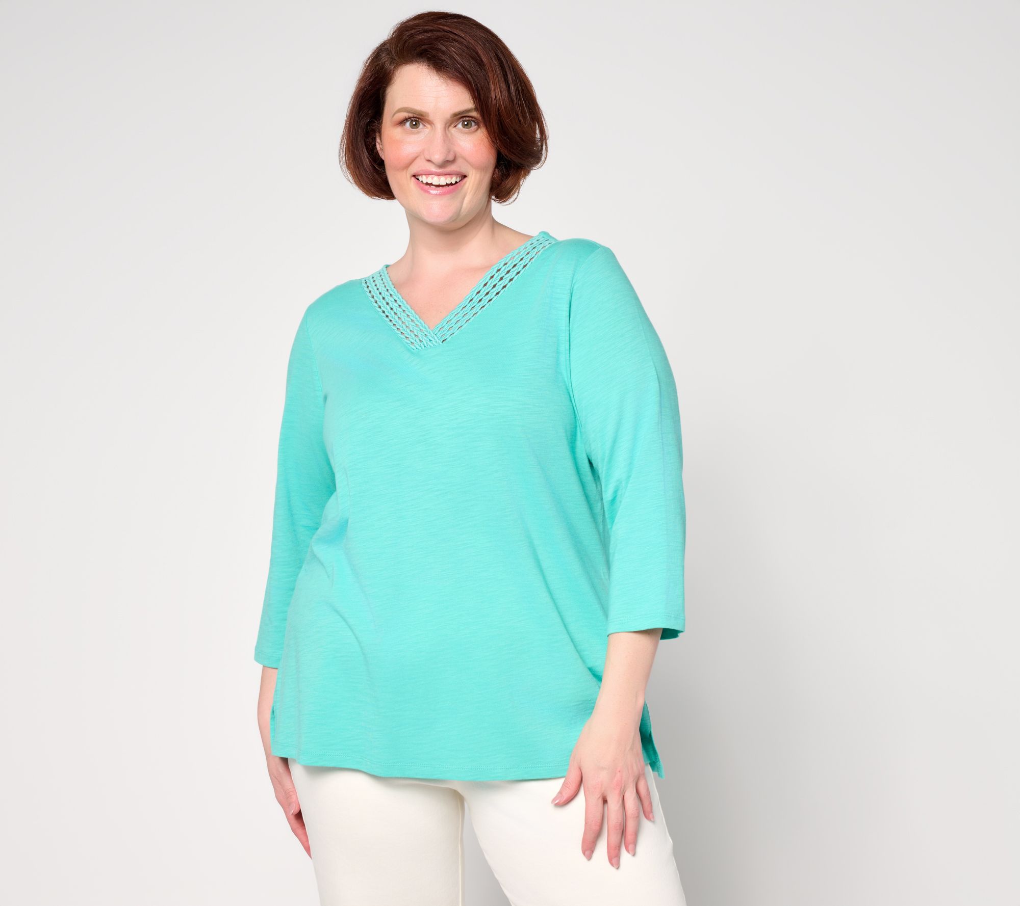 Belle by Kim Gravel Slub Knit Braided Beauty V Neck Top - QVC.com