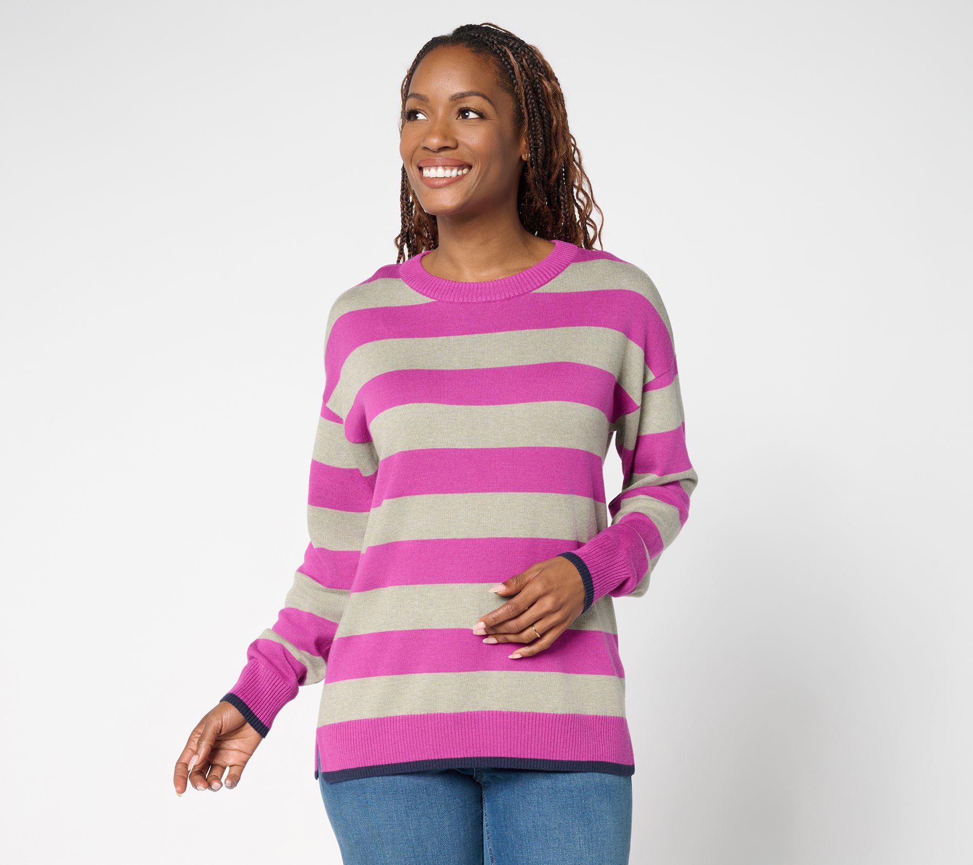 Belle by Kim Gravel Wide Striped Sweater with Pop Tipping - QVC.com