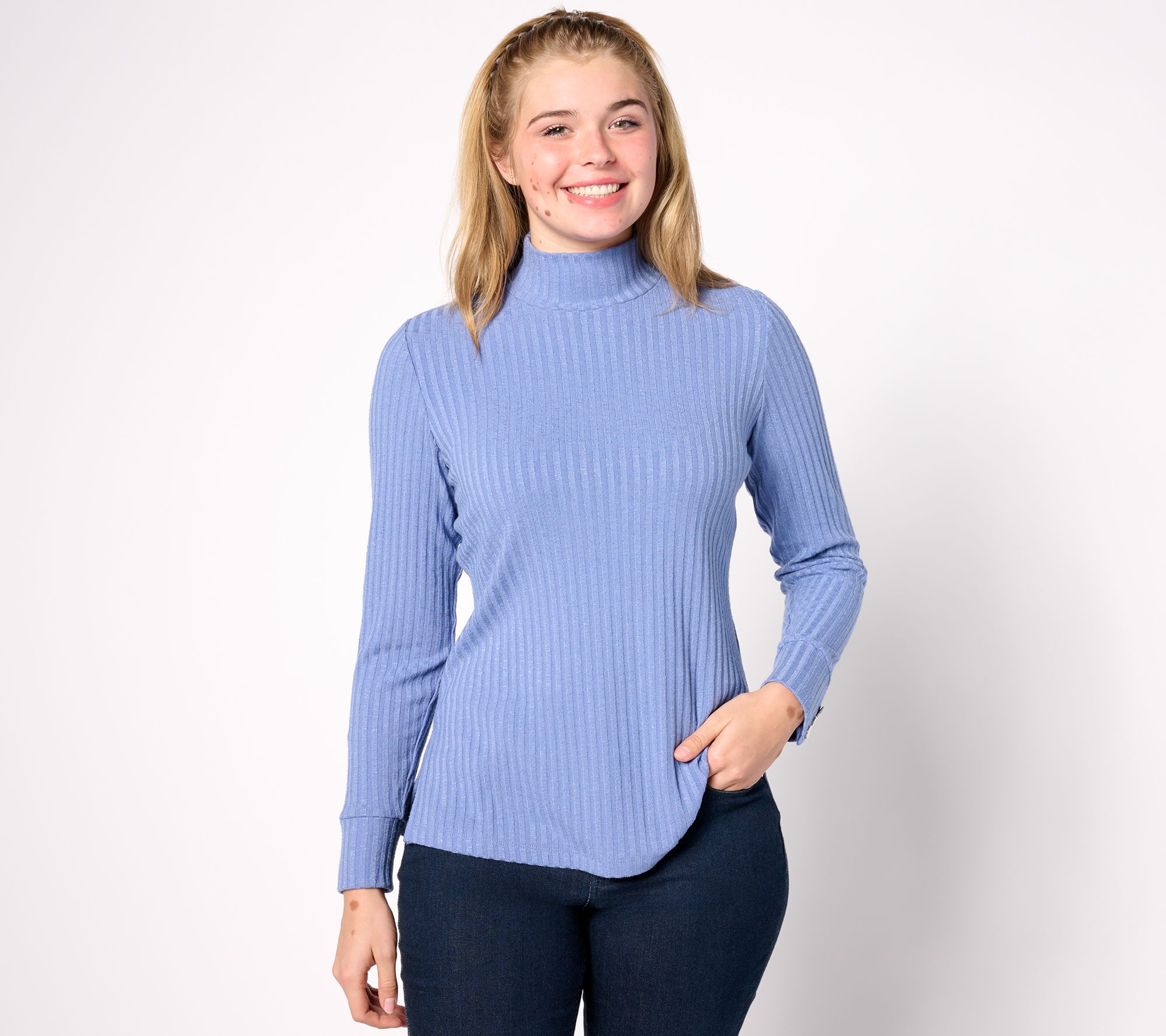 As Is Susan Graver Rib Knit Mock Neck Long Sleeve Top With Button