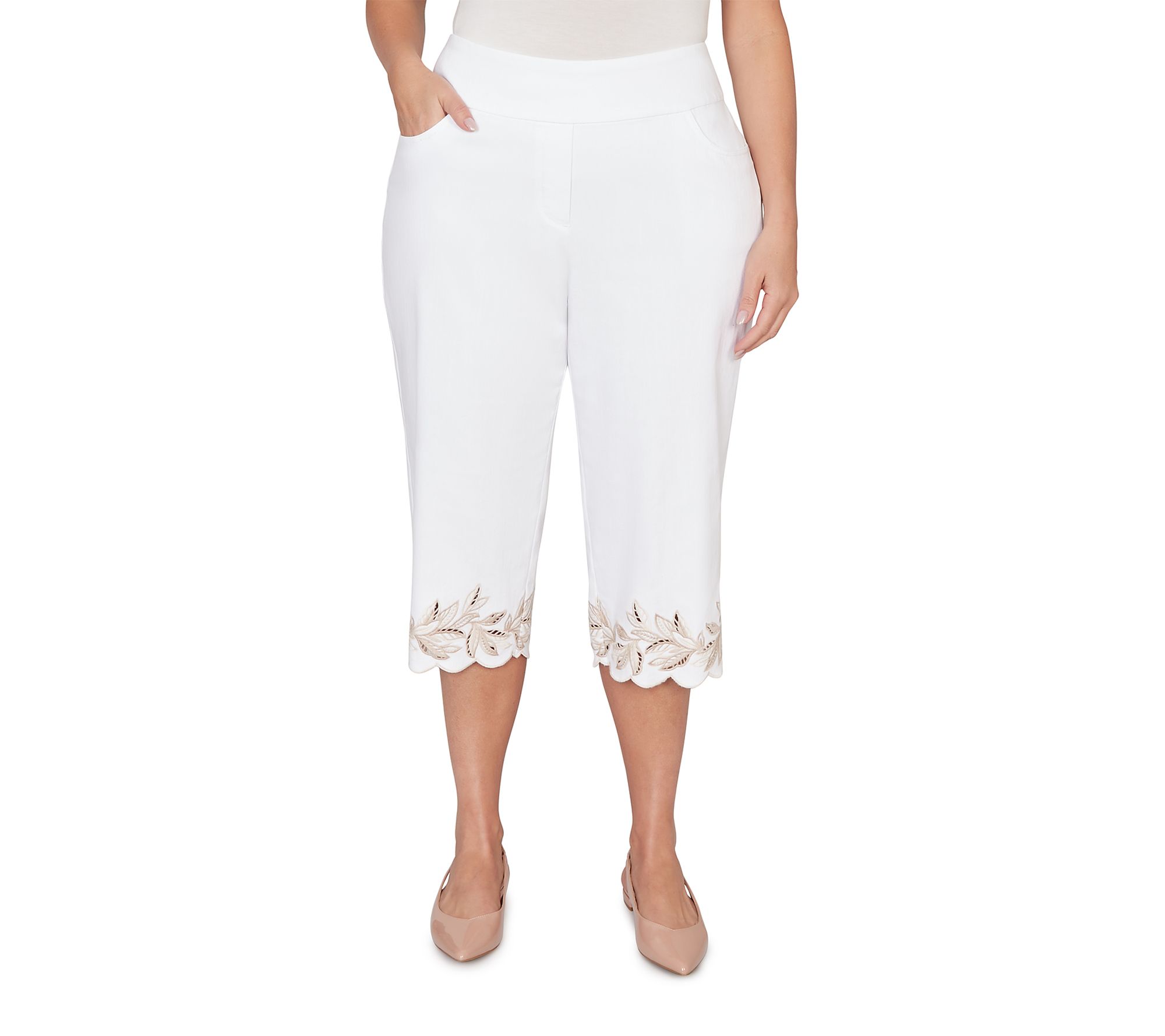 Alfred Dunner Women's Leaf Cut Out Super Stretch Denim Capris - QVC.com