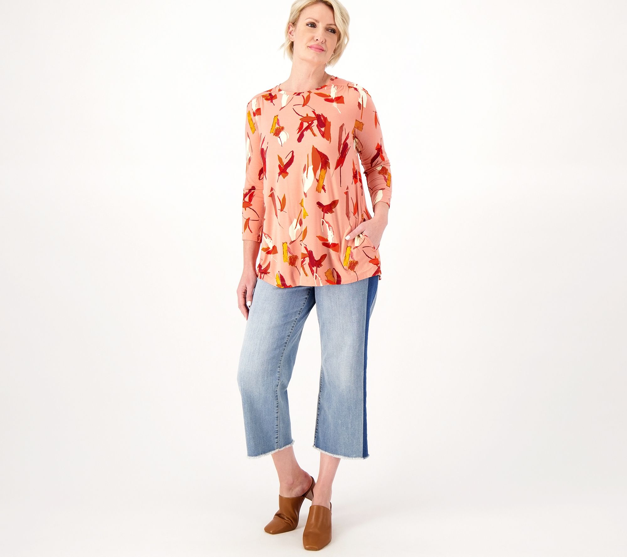 "As Is" LOGO by Lori Goldstein Rayon 230 Feather Print Top - QVC.com
