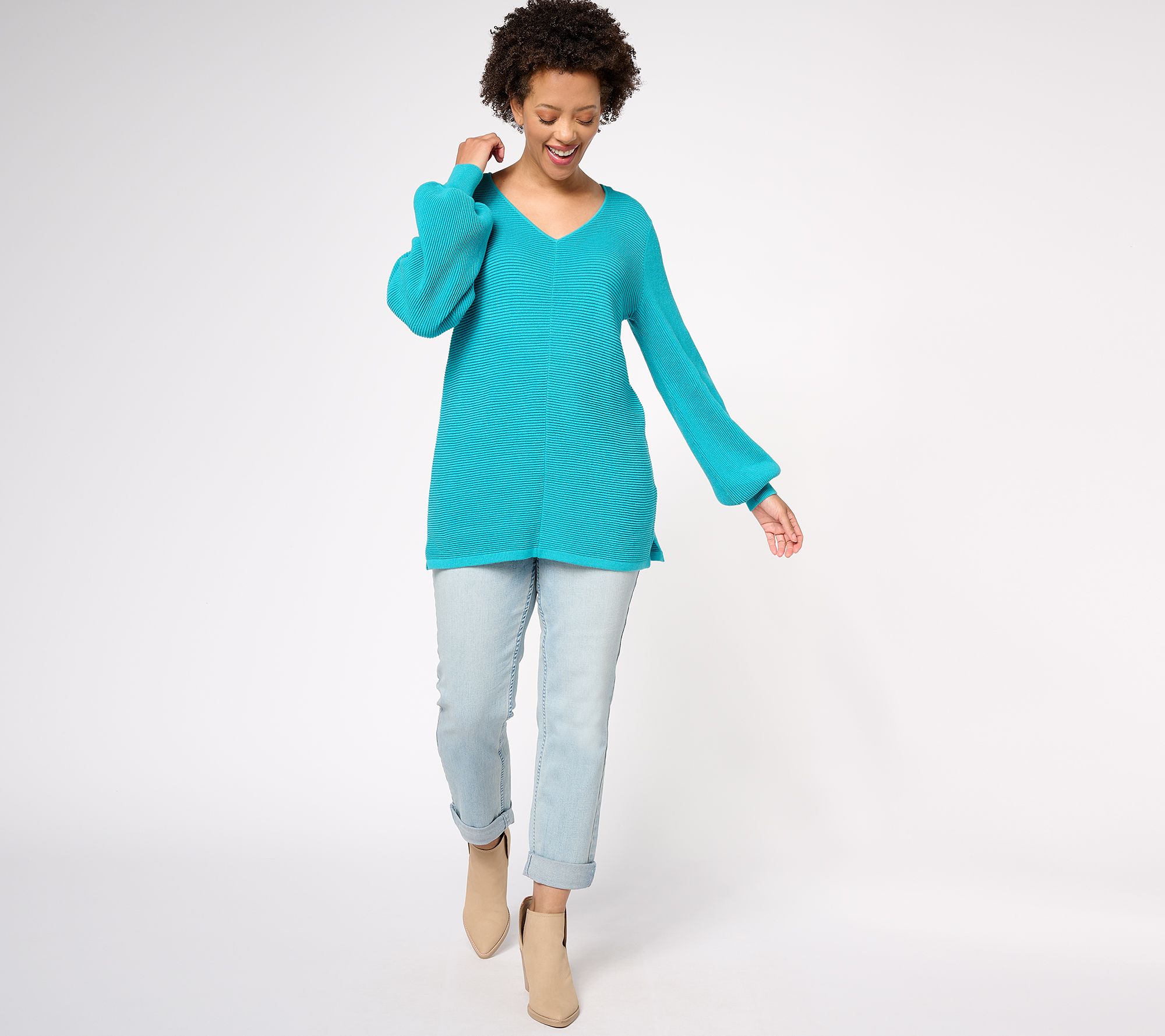"As Is" Belle by Kim Gravel Bubble Sleeve Slouchy Ribbed Sweater - QVC.com