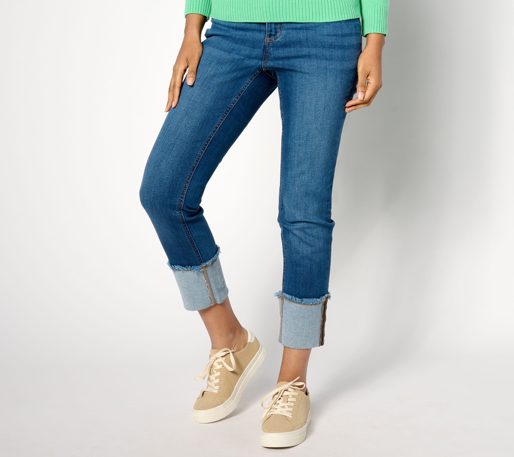 "As Is" Denim & Co. Easy Stretch Petite Straight Leg Cuffed Jean - QVC.com