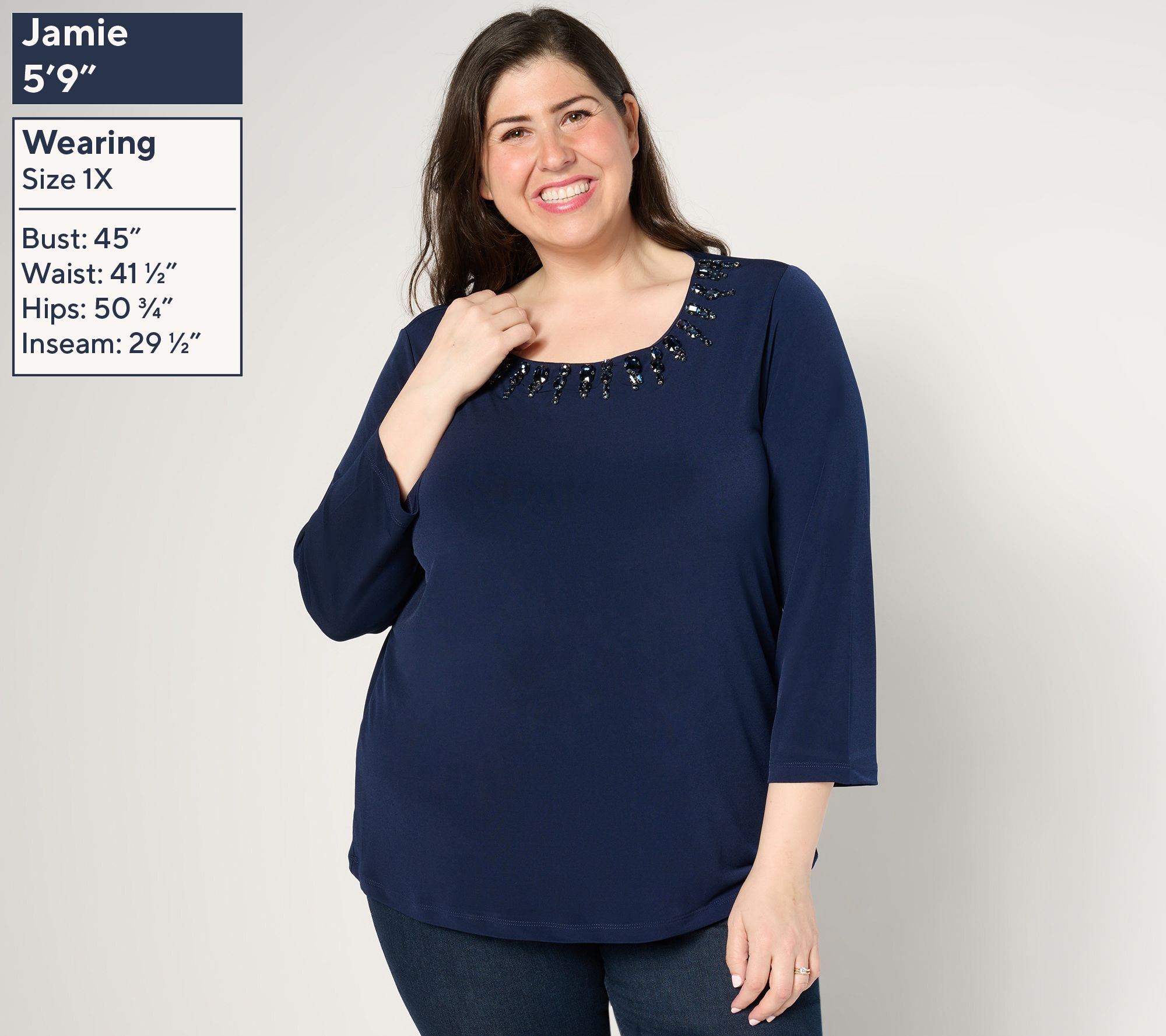 Susan Graver Artisan Embellished Neck Top with 3/4 Sleeves - QVC.com