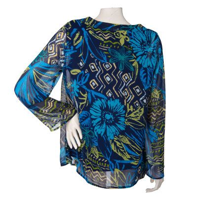 Susan Graver Print Top with Keyhole Detail and Solid Tank - QVC.com