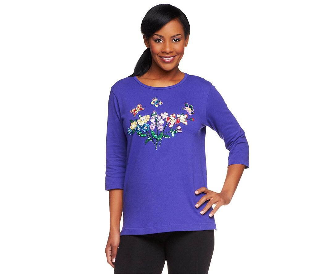 "As Is" Quacker Factory Embellished Summertime 3/4 Sleeve T-shirt - QVC.com