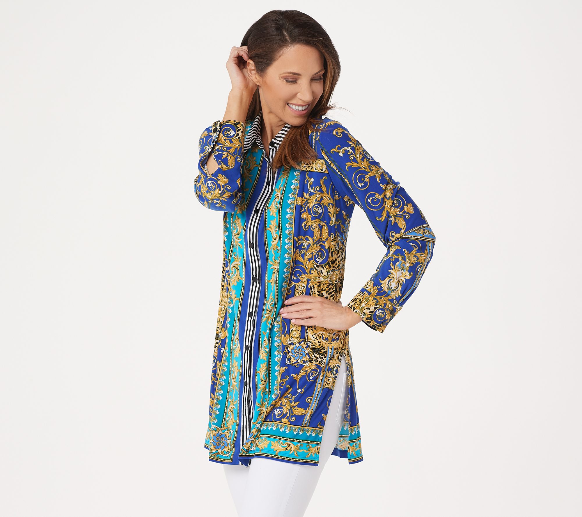 "As Is" Susan Graver Printed Liquid Knit Button Front Tunic - QVC.com