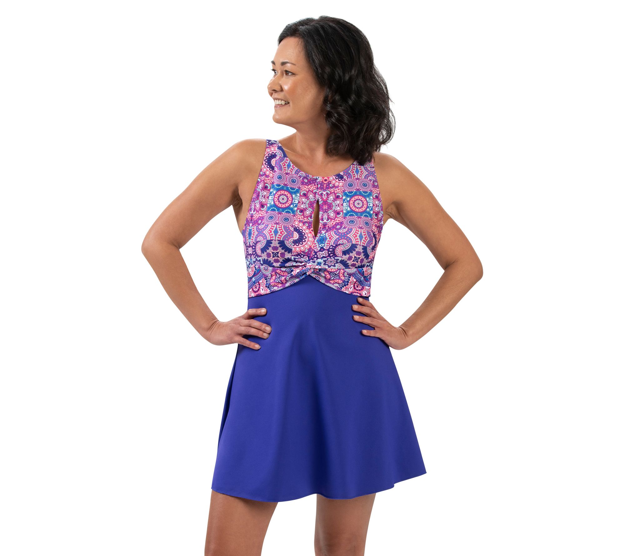 Dolfin Aquashape Womens Knot Front Swim Dress in Patchwork - QVC.com