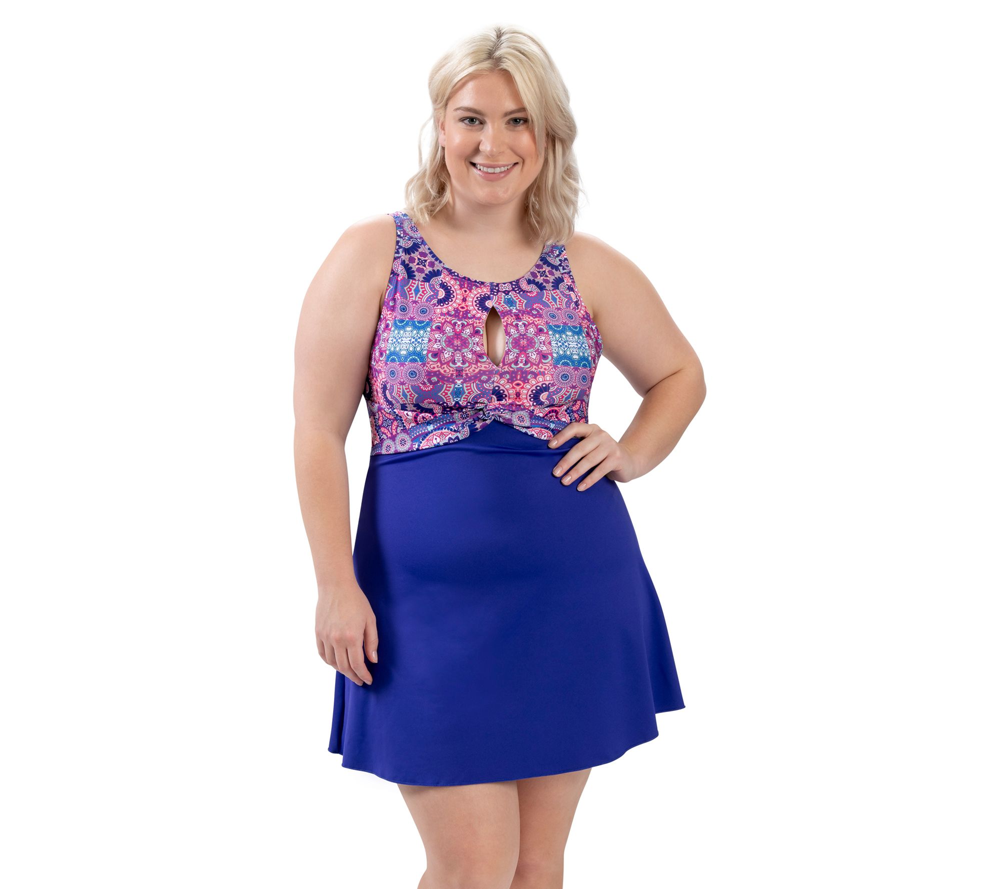 Dolfin Aquashape Womens Knot Front Swim Dress in Patchwork - QVC.com
