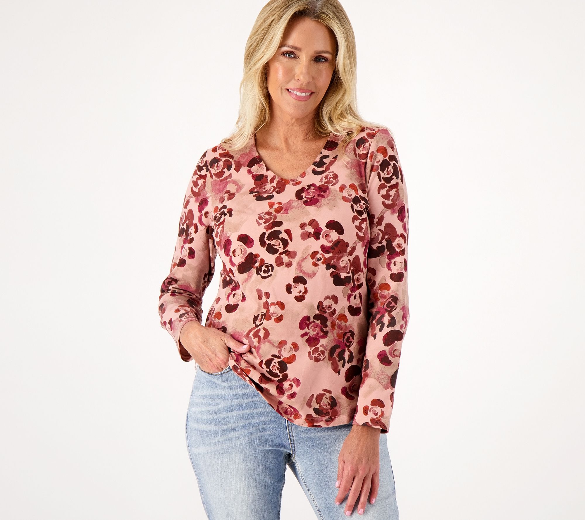 "As Is" Denim & Co. Printed Perfect Jersey V-Neck Curved Hem Top - QVC.com