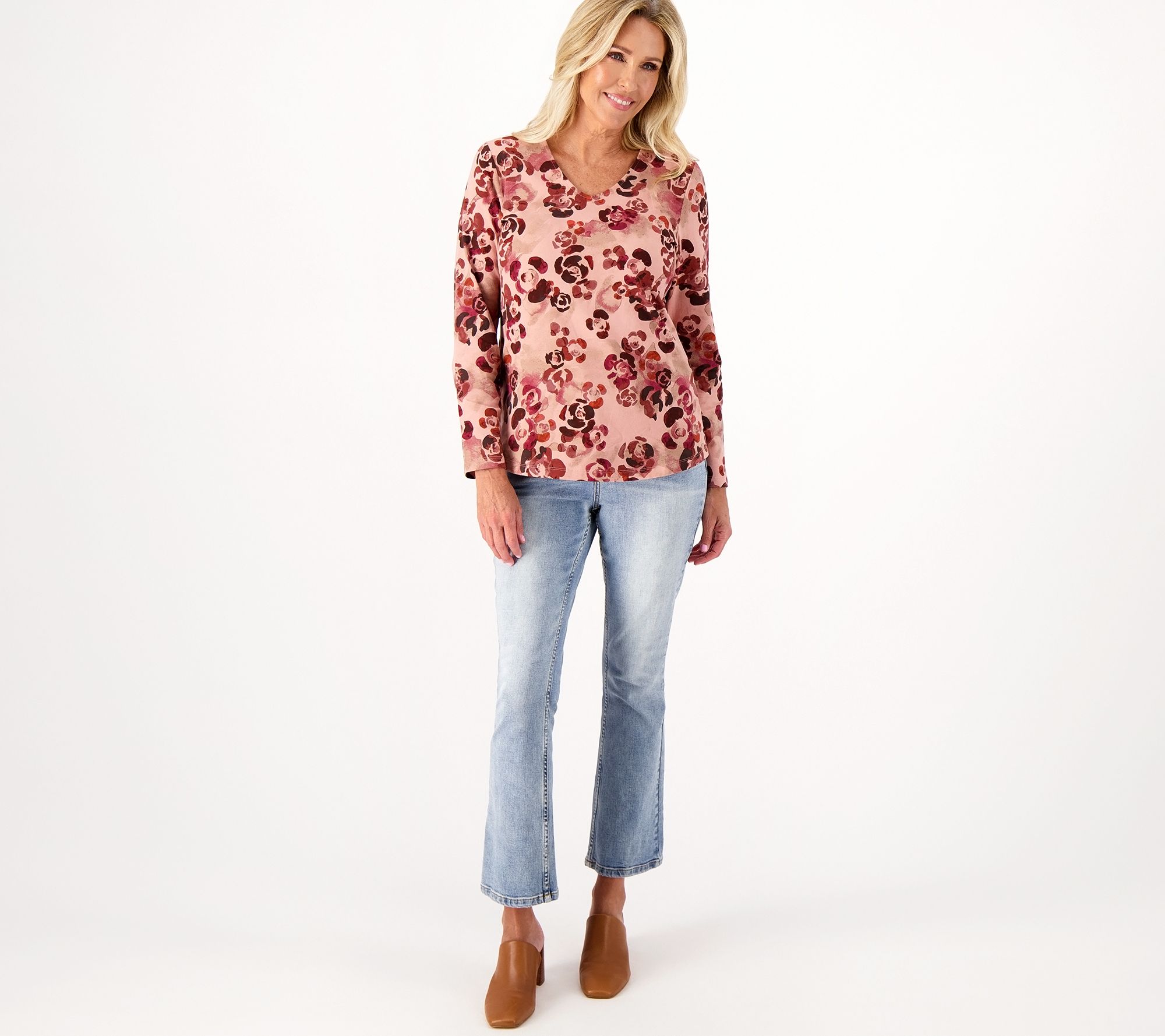 "As Is" Denim & Co. Printed Perfect Jersey V-Neck Curved Hem Top - QVC.com