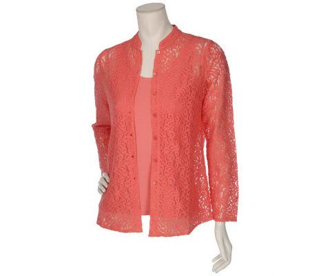 Dialogue Scroll Pattern Lace Blouse and Stretch Shell - QVC.com
