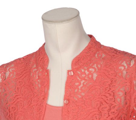 Dialogue Scroll Pattern Lace Blouse and Stretch Shell - QVC.com