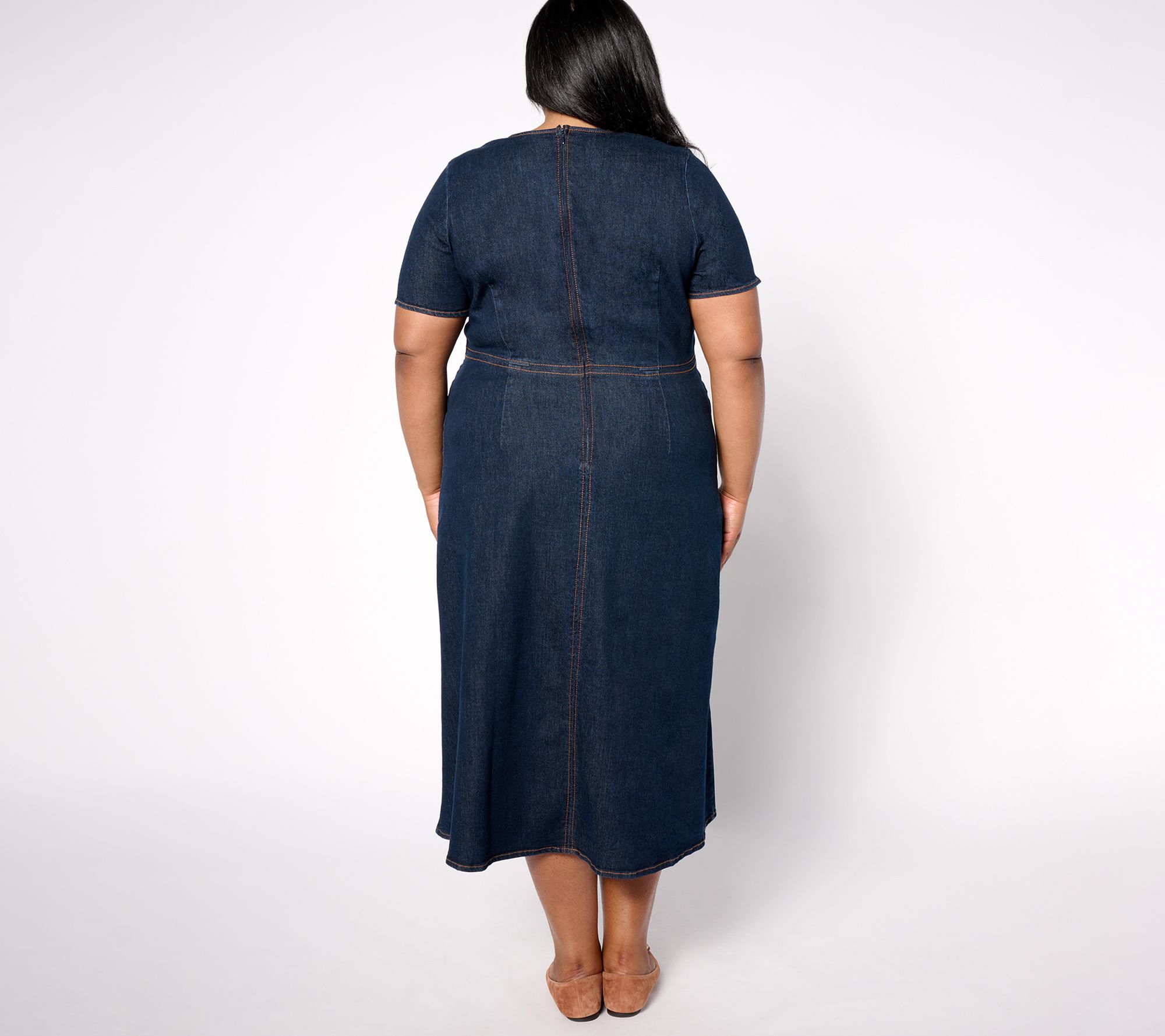 Peace Love World Denim Petite Short Sleeve Midi Dress- Denim - QVC.com