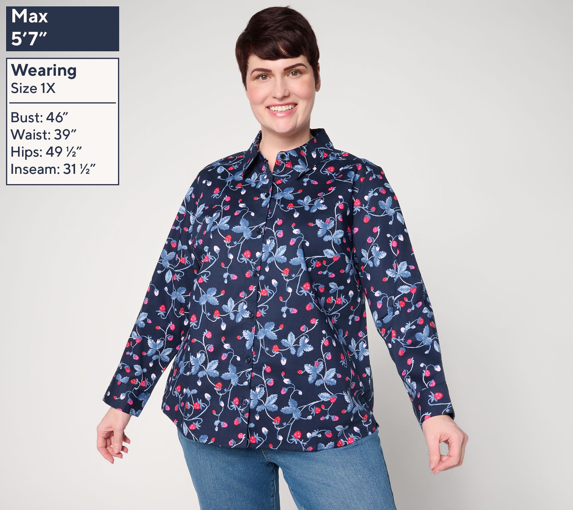 Denim & Co. Printed Button Front Long Sleeve Poplin Top - QVC.com