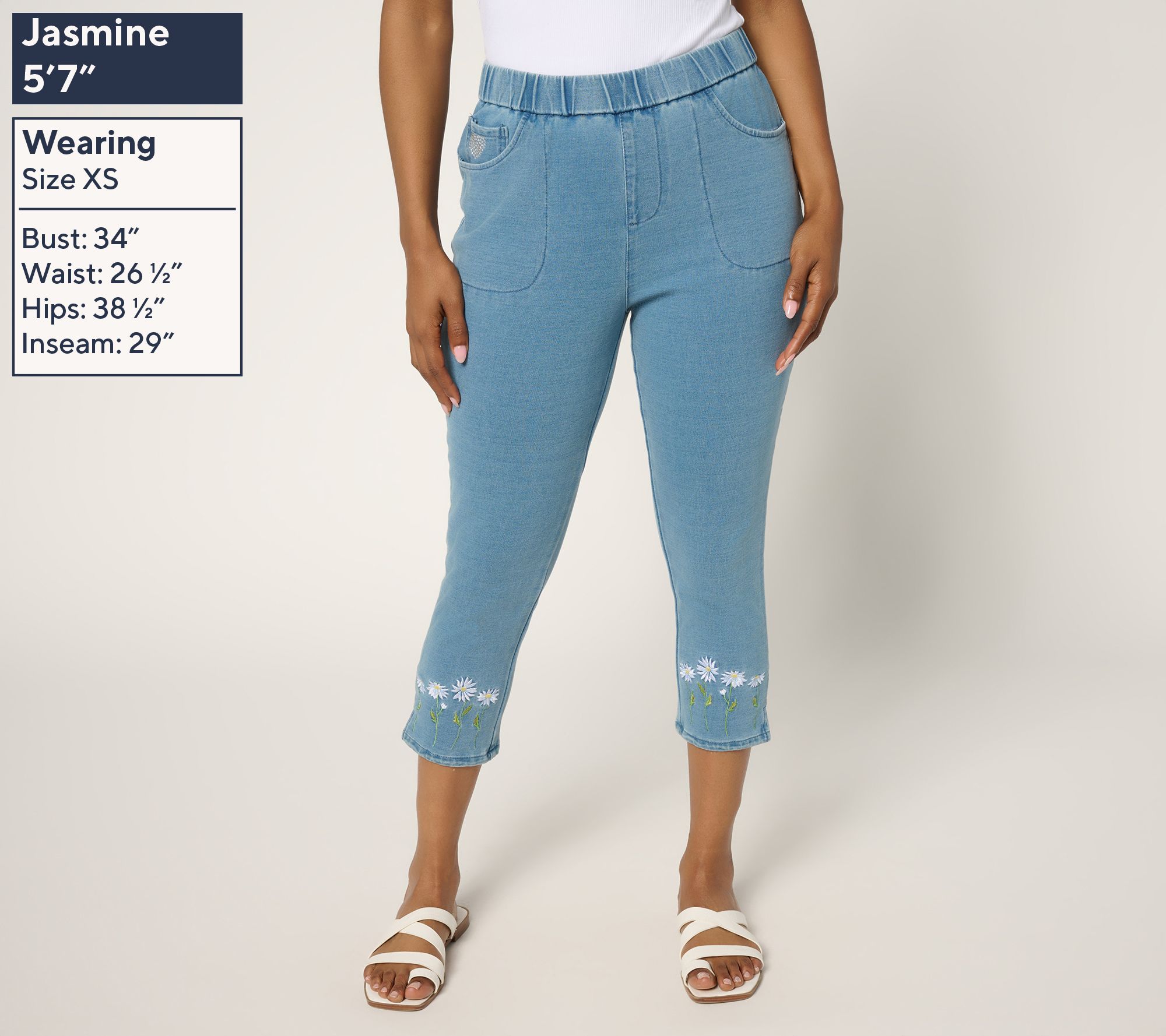 Quacker Factory DreamJeannes Daisies Embroidered Capri Pant - QVC.com