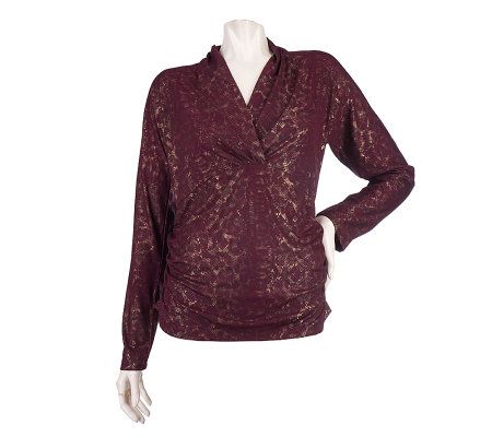 Dialogue Long Sleeve Foil Print Knit Top with Shirring Detail - QVC.com