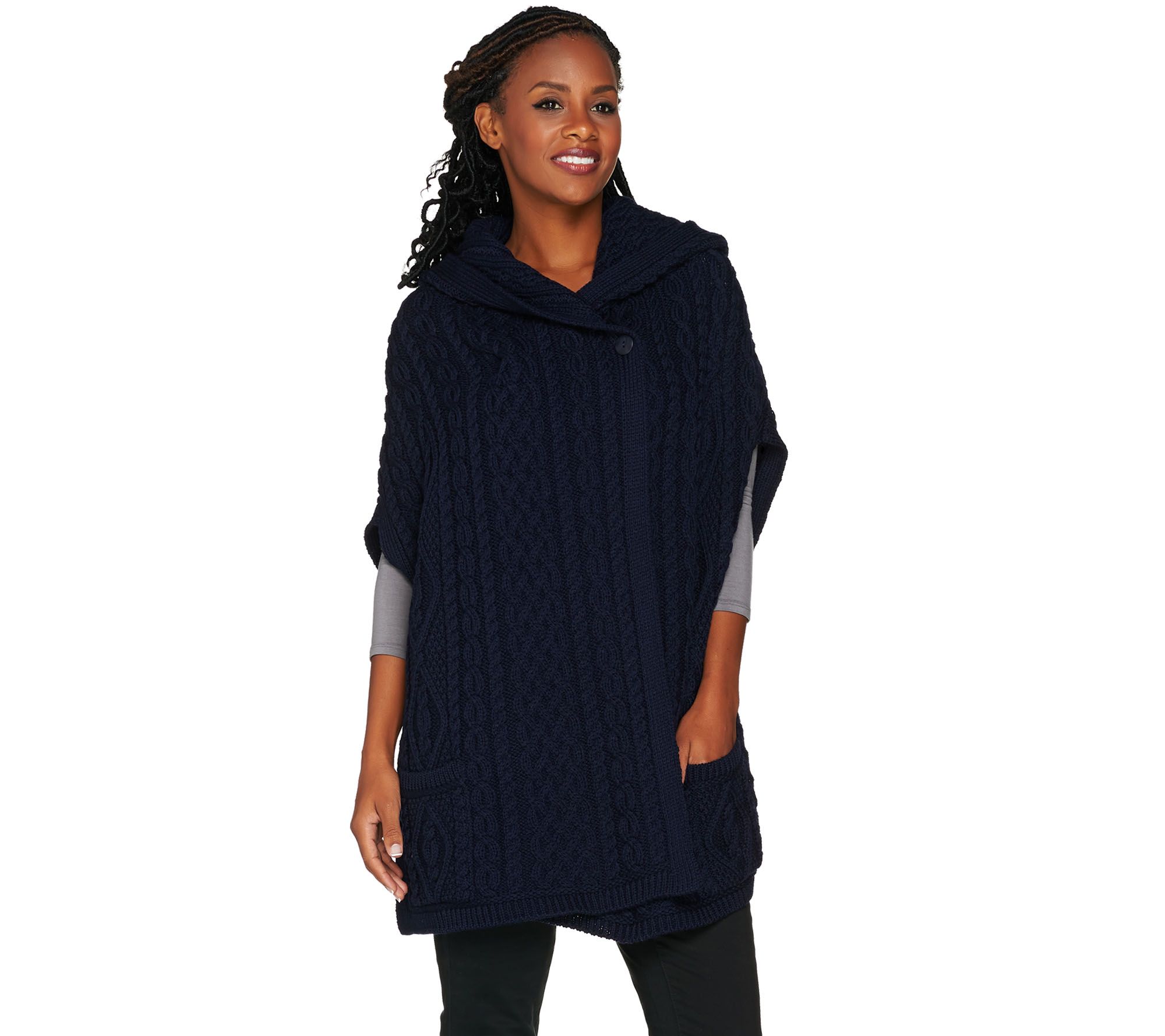 "As Is" Aran Craft Merino Wool Drop Shoulder Vest w with Hood - QVC.com