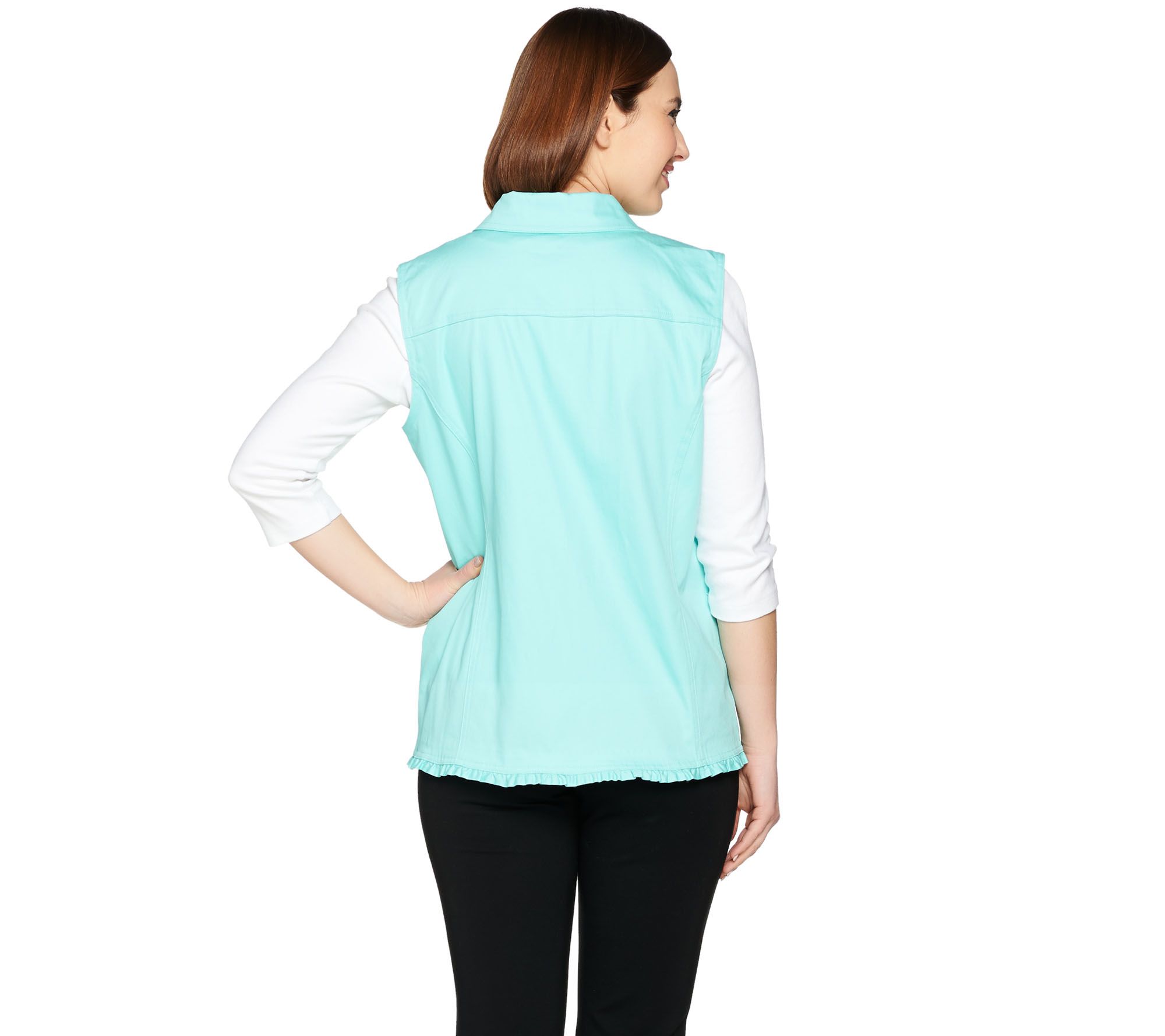 "As Is" Quacker Factory Woven Ruffle Vest with Rhinestone Yoke - QVC.com