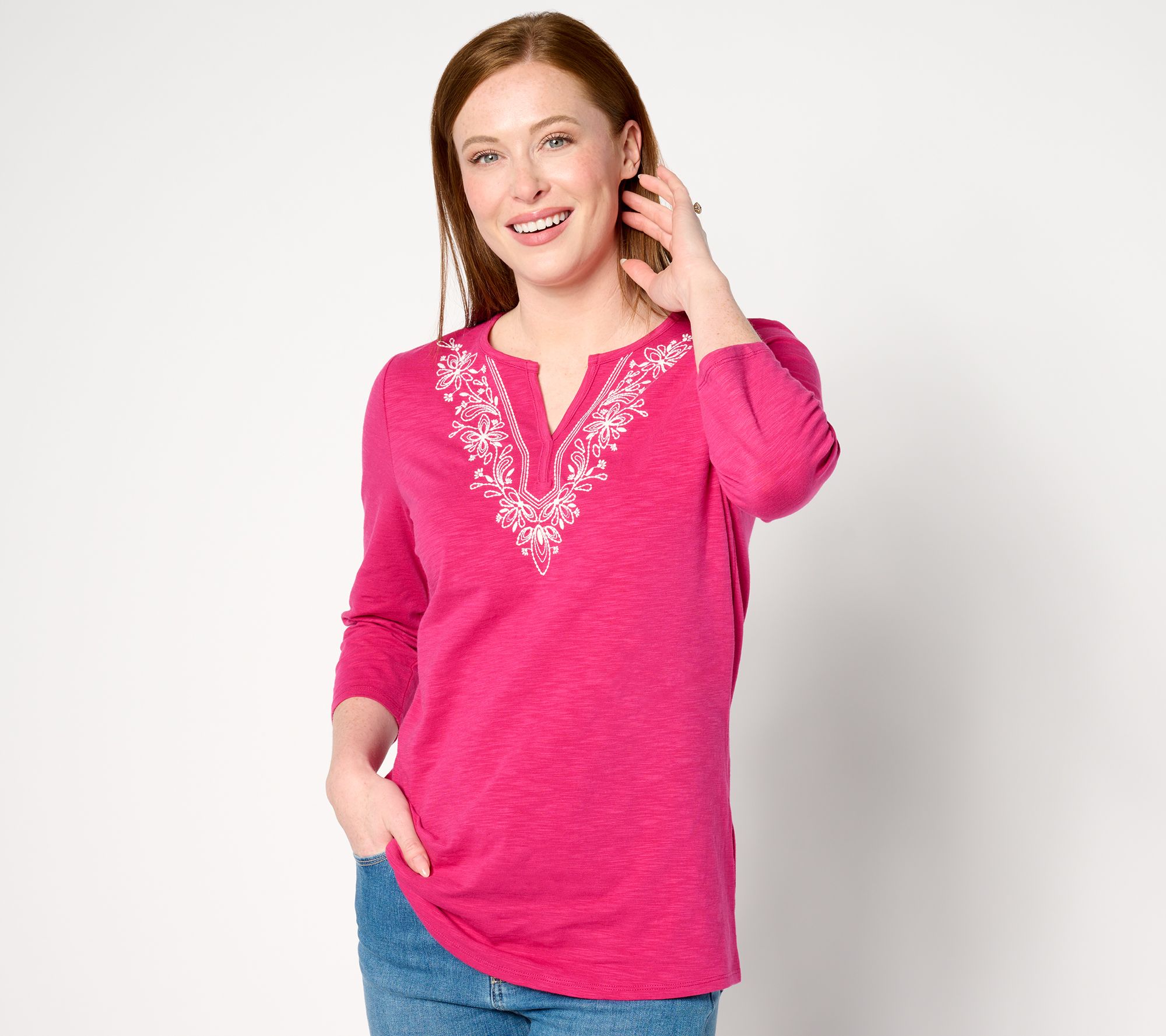 "As Is" Denim & Co. Texture Knit Split V-Neck 3/4 Sleeve Top - QVC.com