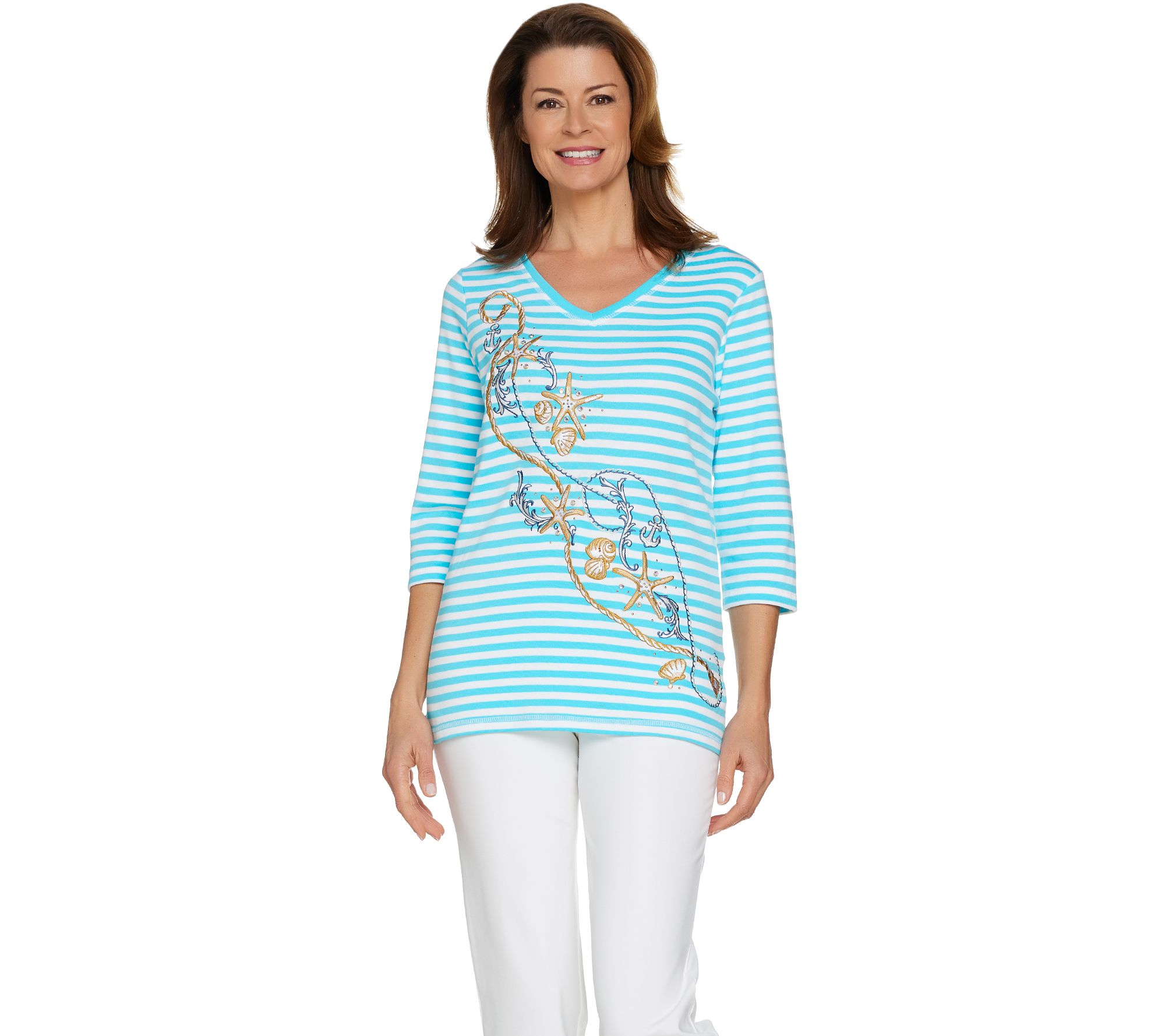 "As Is" Quacker Factory Beachcomber Striped Embroidered Top - QVC.com