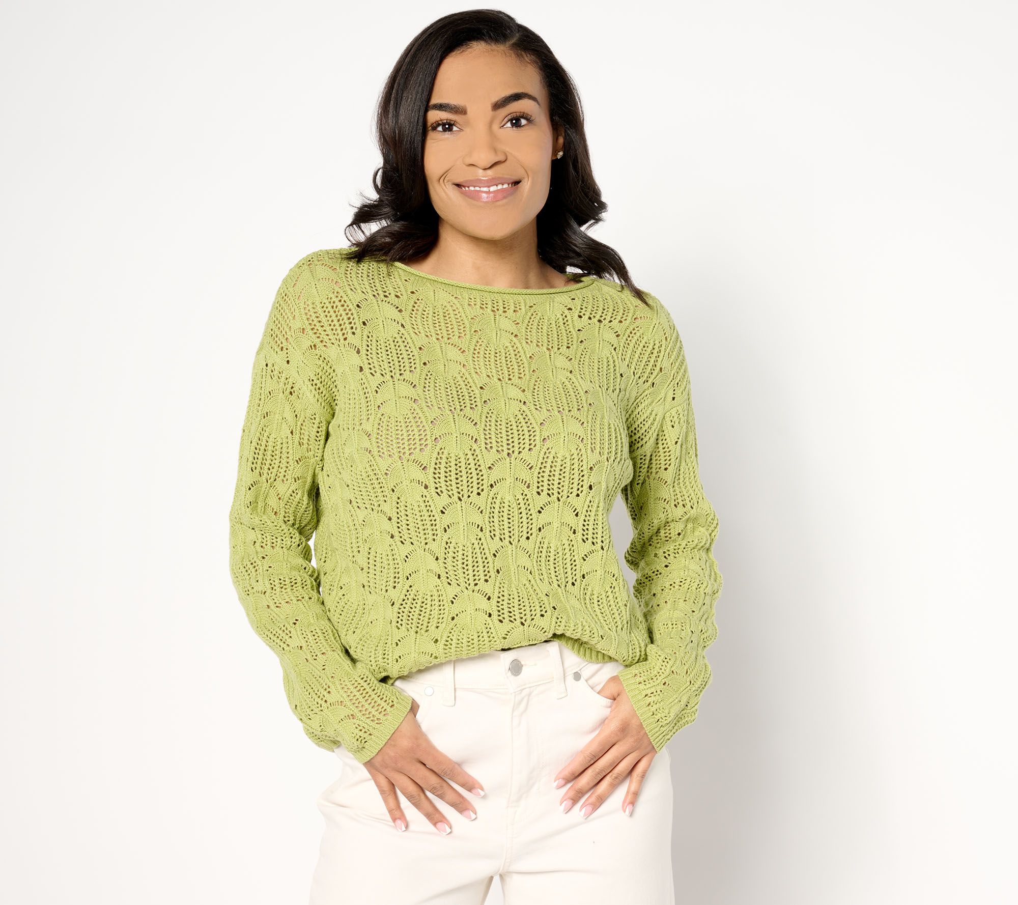 "As Is" Denim & Co. Naturals Linen Blend Open Work Sweater - QVC.com