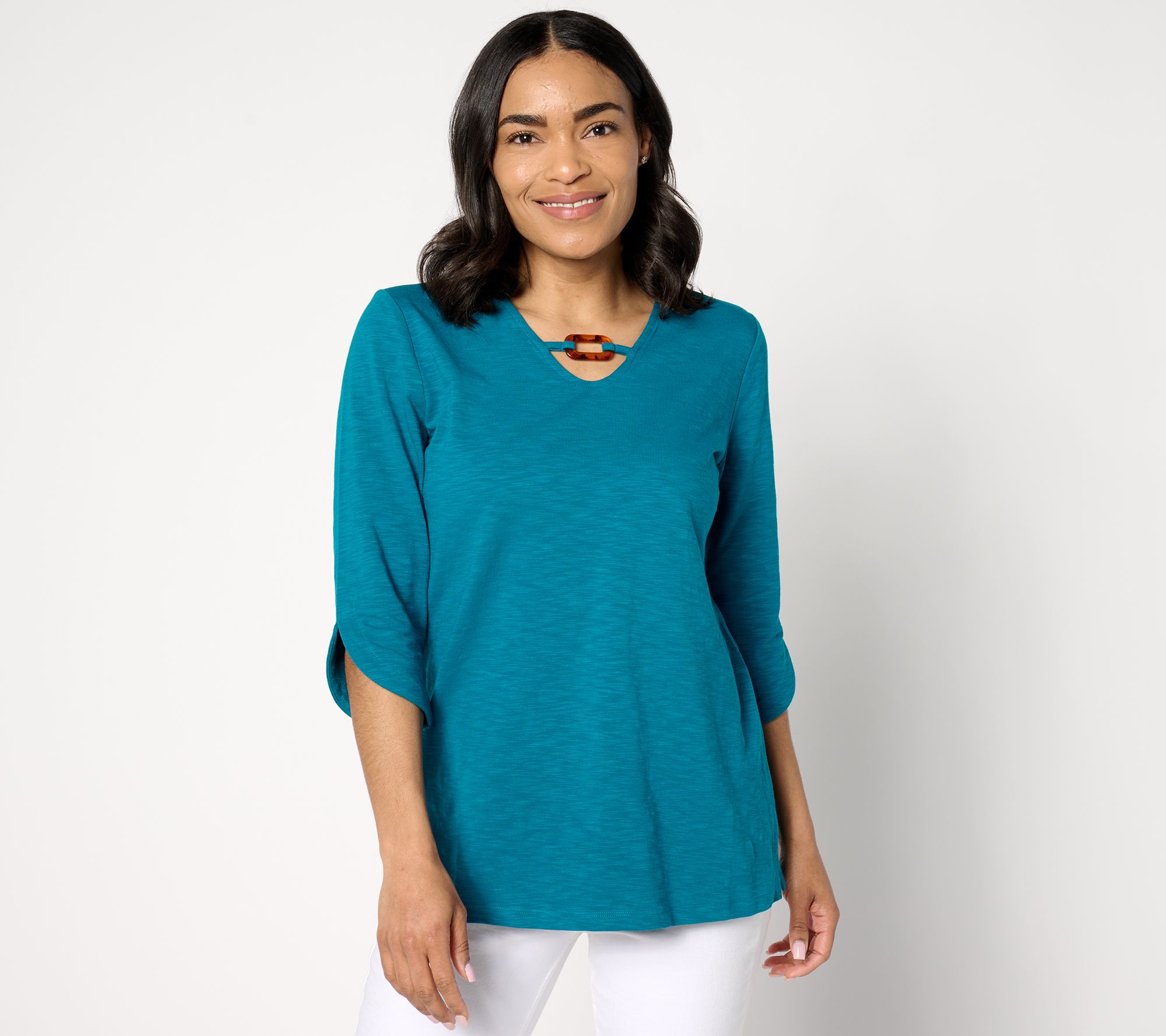 "As Is" Denim & Co. Texture Knit 3/4 Sleeve Tunic w/ Tortoise Detail ...