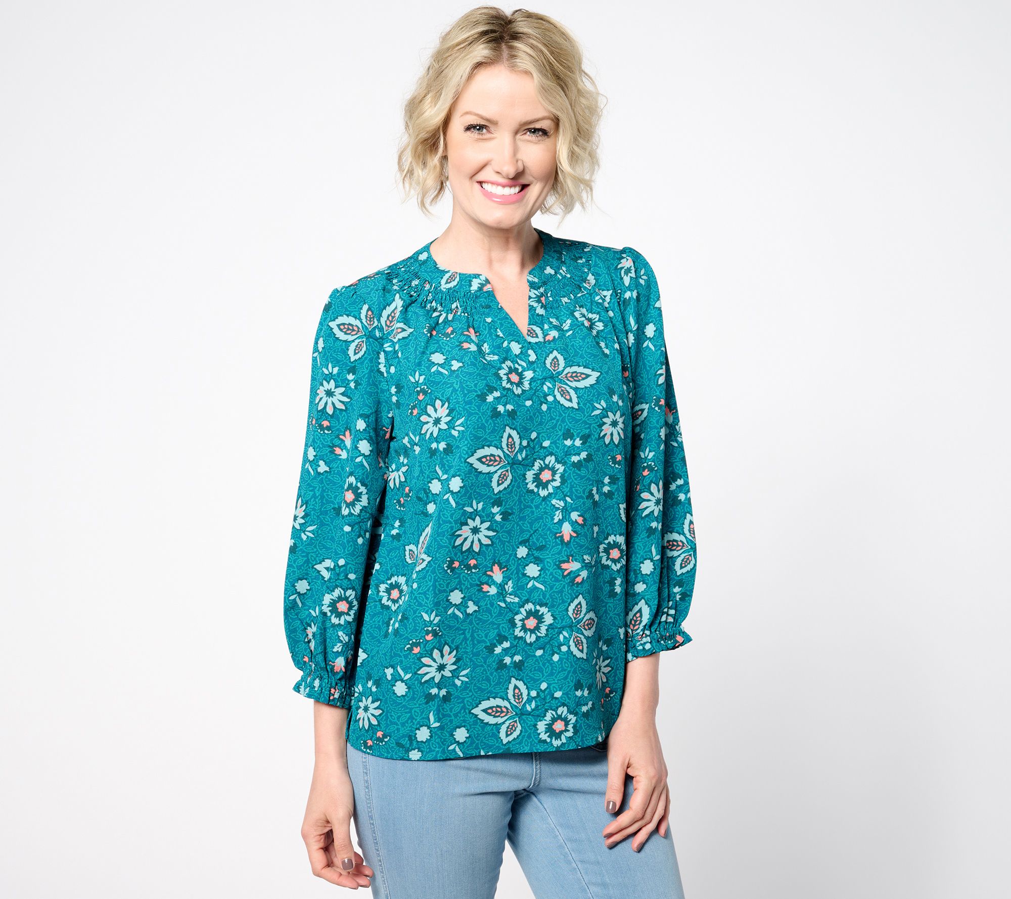 "As Is" Denim & Co. Printed Balloon Sleeve Smocked Blouse - QVC.com