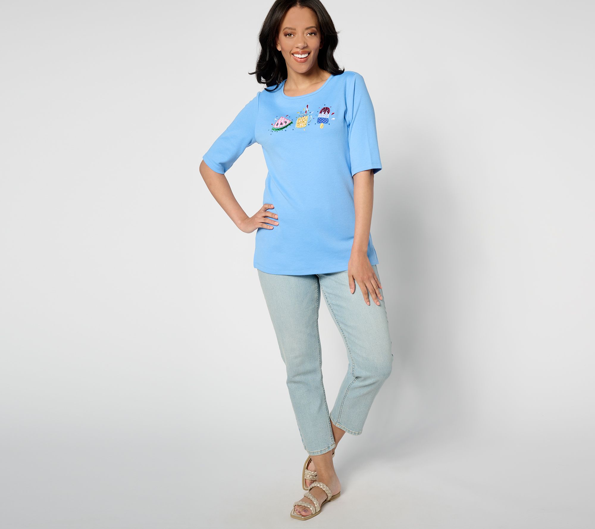 "As Is" Quacker Factory Appliqued Hot Summer Elbow Sleeve Top - QVC.com