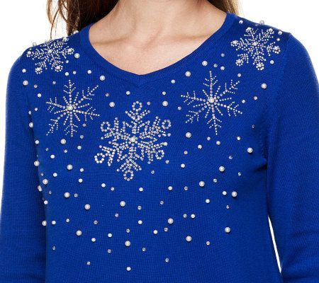 "As Is" Quacker Factory Long Sleeve Snowflake Pearl Sweater - QVC.com
