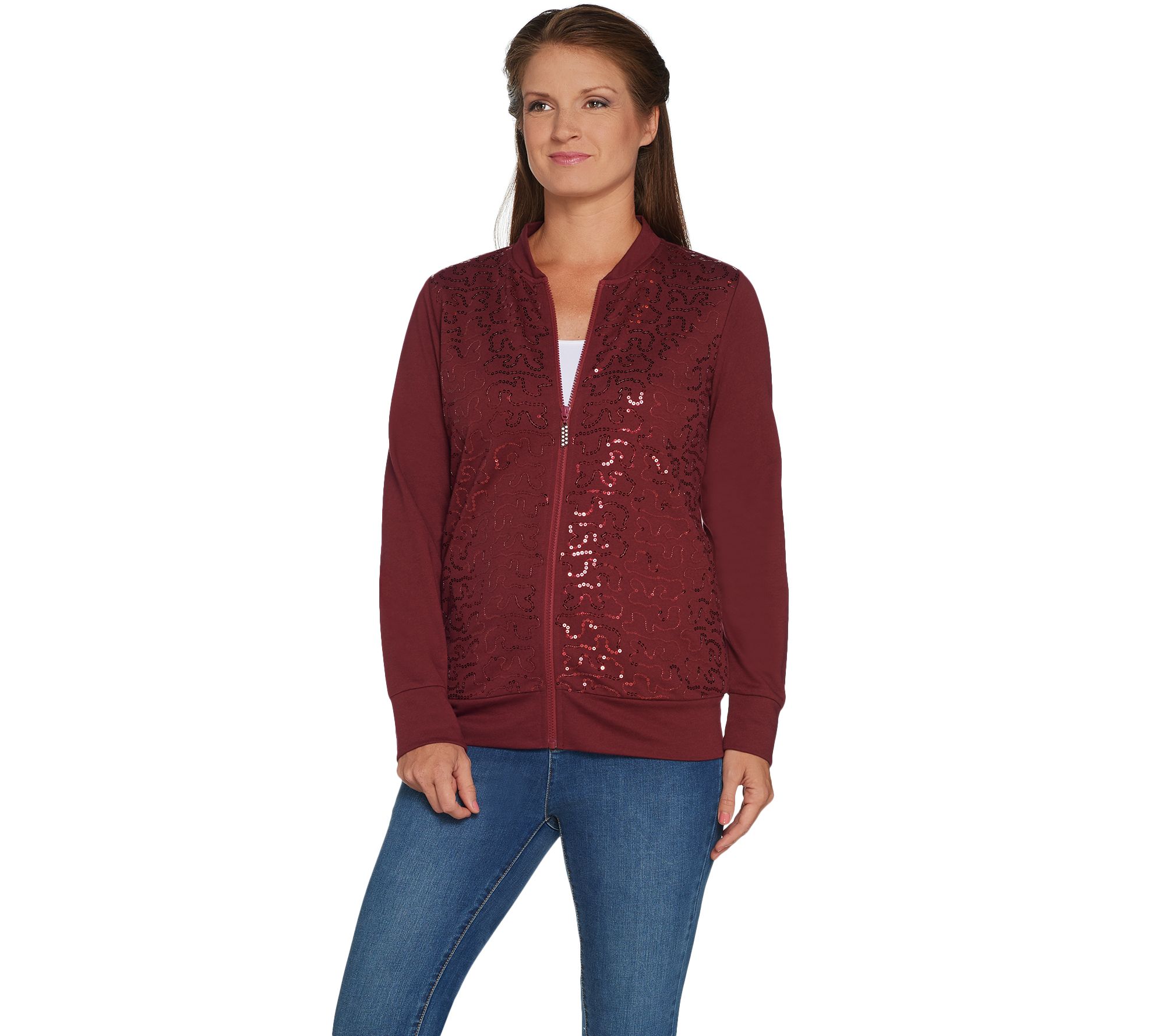 Quacker Factory Sequin Swirl Zip Front French Terry Bomber Jacket - QVC.com