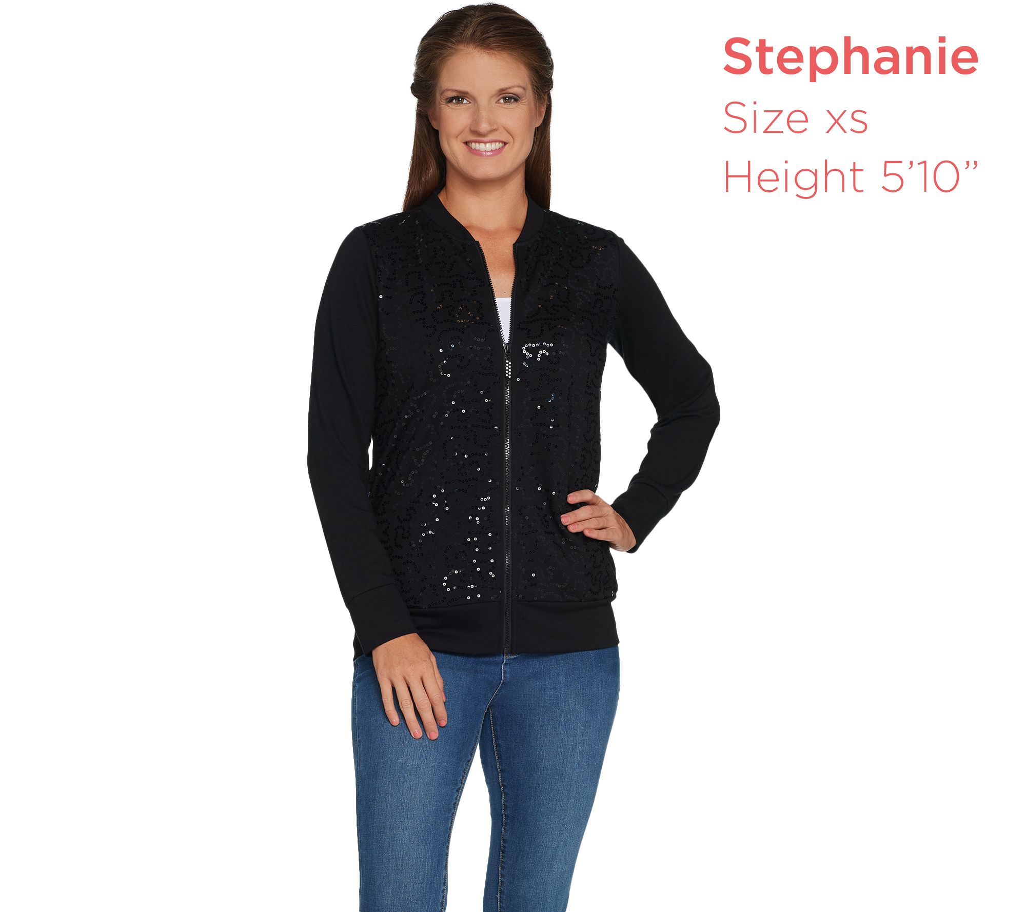 Quacker Factory Sequin Swirl Zip Front French Terry Bomber Jacket - QVC.com