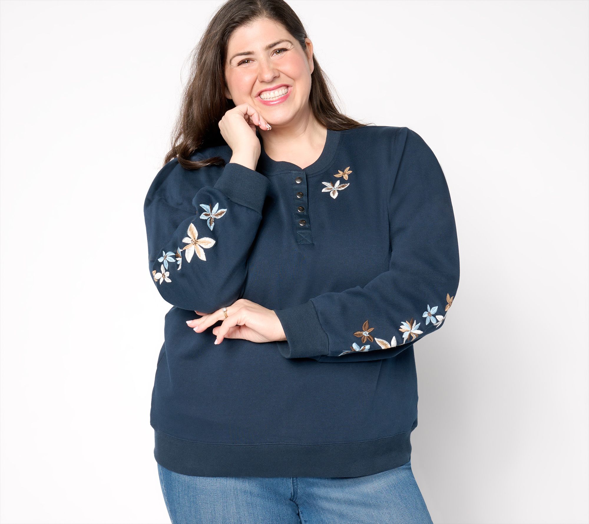 "As Is" Driftwood Jeans Teddy French Terry Henley - Navy - QVC.com