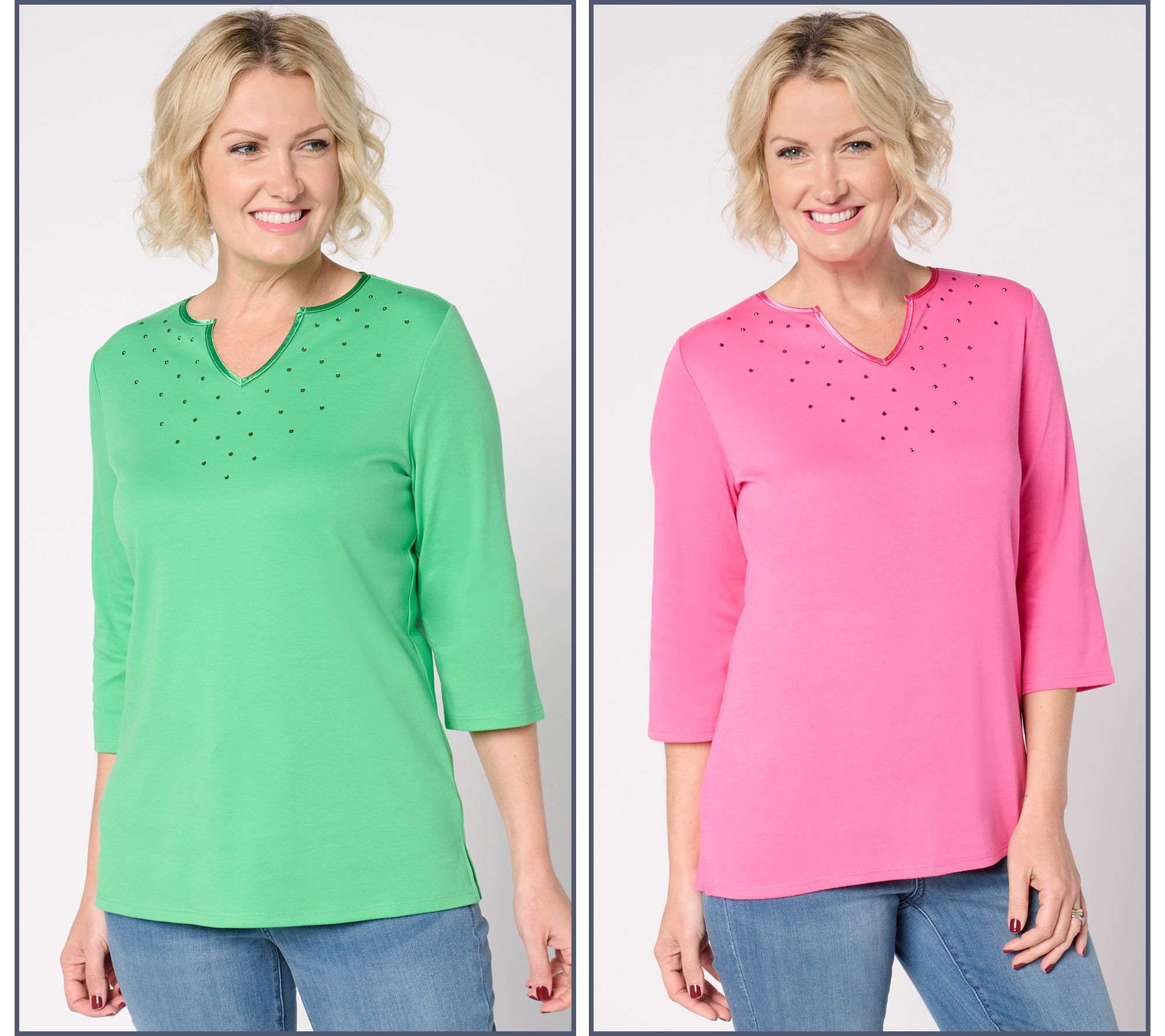 "As Is" Quacker Factory Satin & Sparkle 3/4 Sleeve Set of 2 Tops - QVC.com
