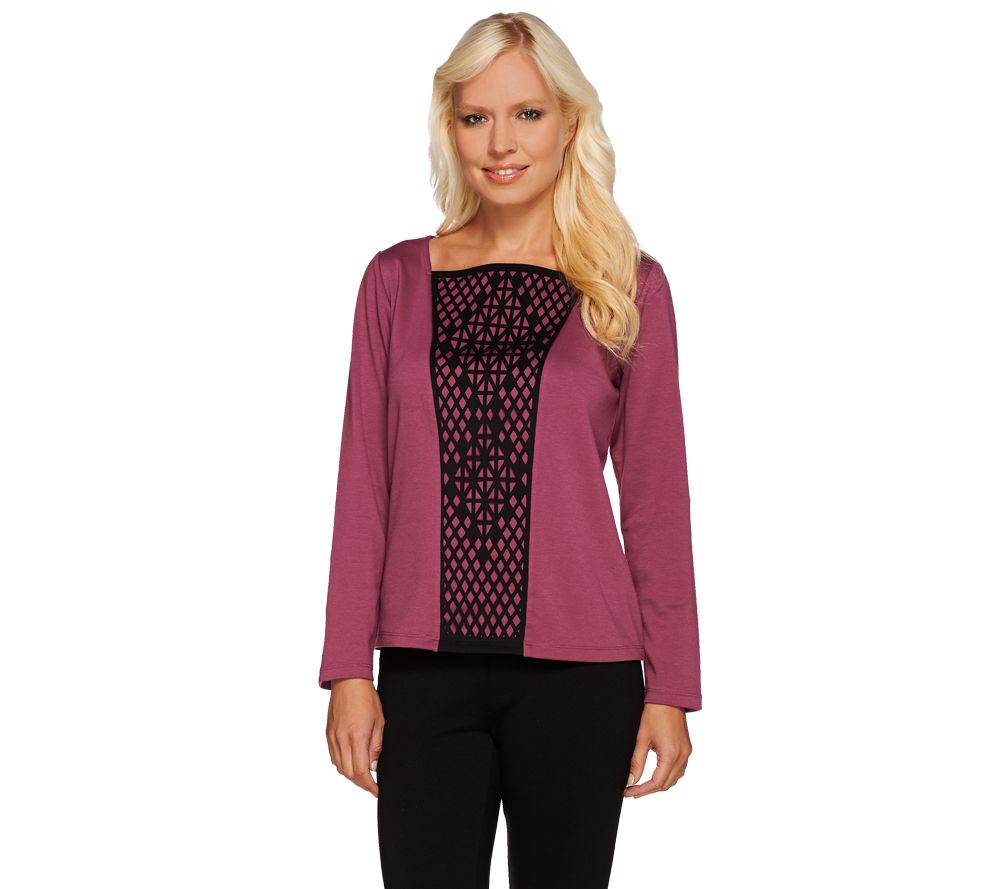 Bob Mackie's Square Neck Knit Top with Laser Cut Front Overlay - QVC.com